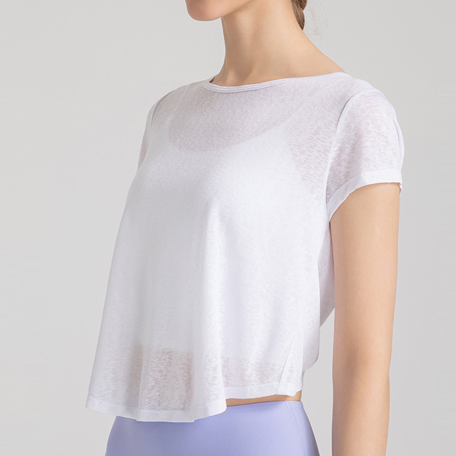 SBYOJLPB Women's Boxy Crop Top Round Neck Short Sleeve Casual 100% ...