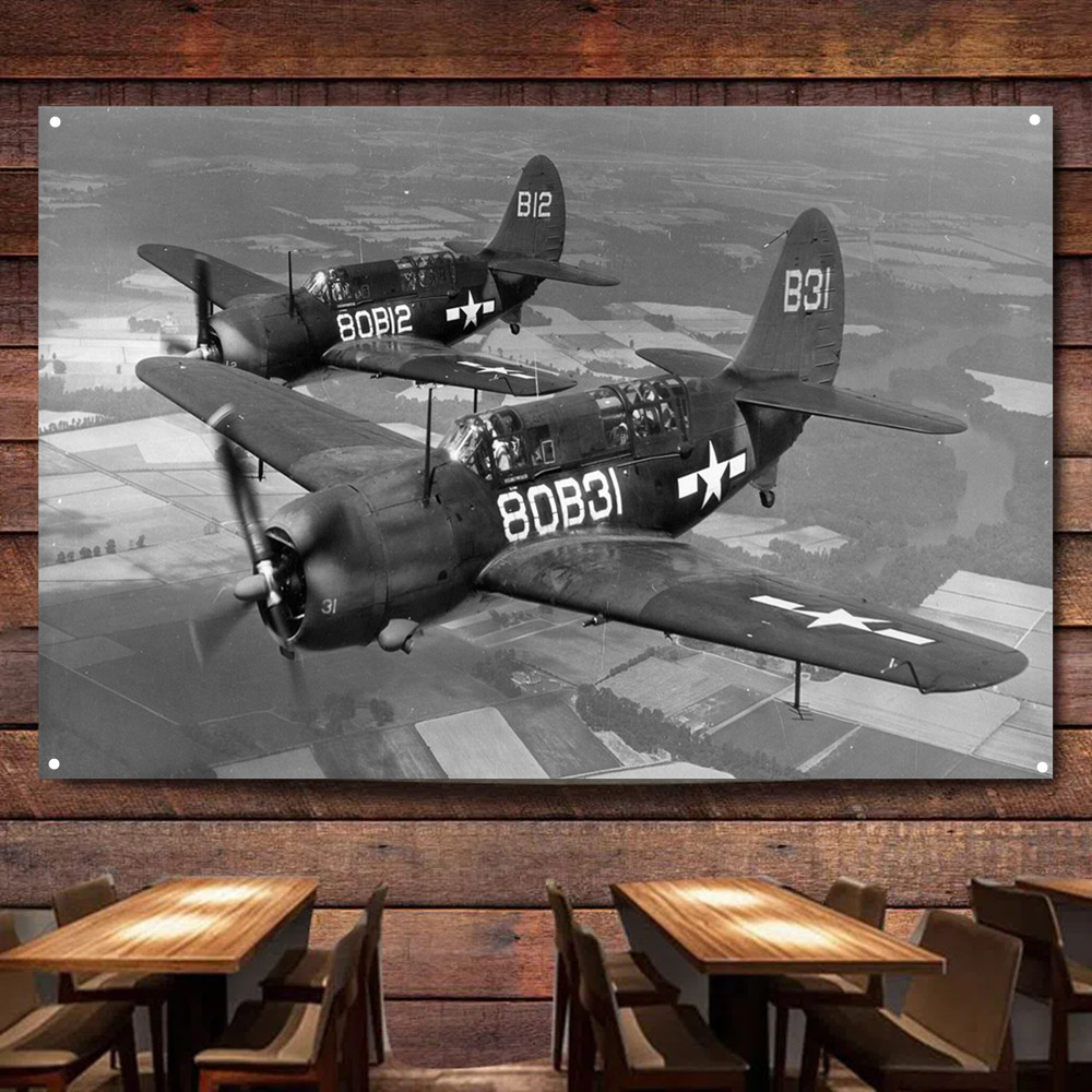 SBsC-3 Helldiver Fighter Jets in WW II Flag Banner Wall Chart Canvas ...