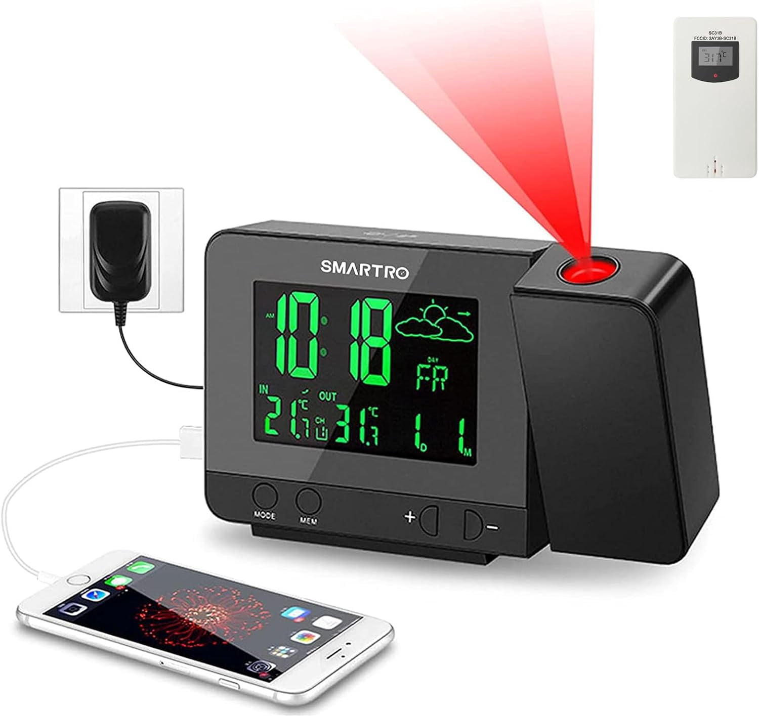 SC31B Digital Projection Alarm Clock with Weather Station, Indoor ...