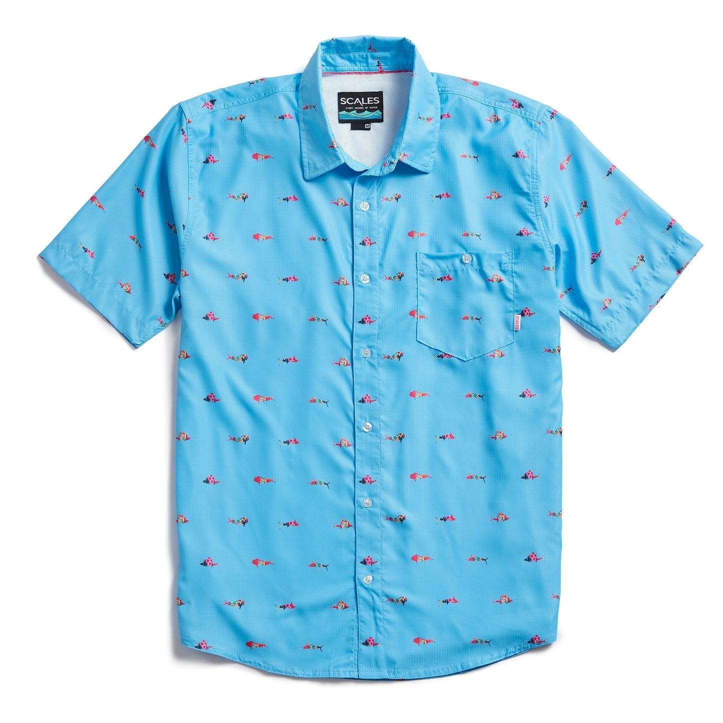 SCALES Trippy Fish Short Sleeve Button Down Powder Blue, Small ...