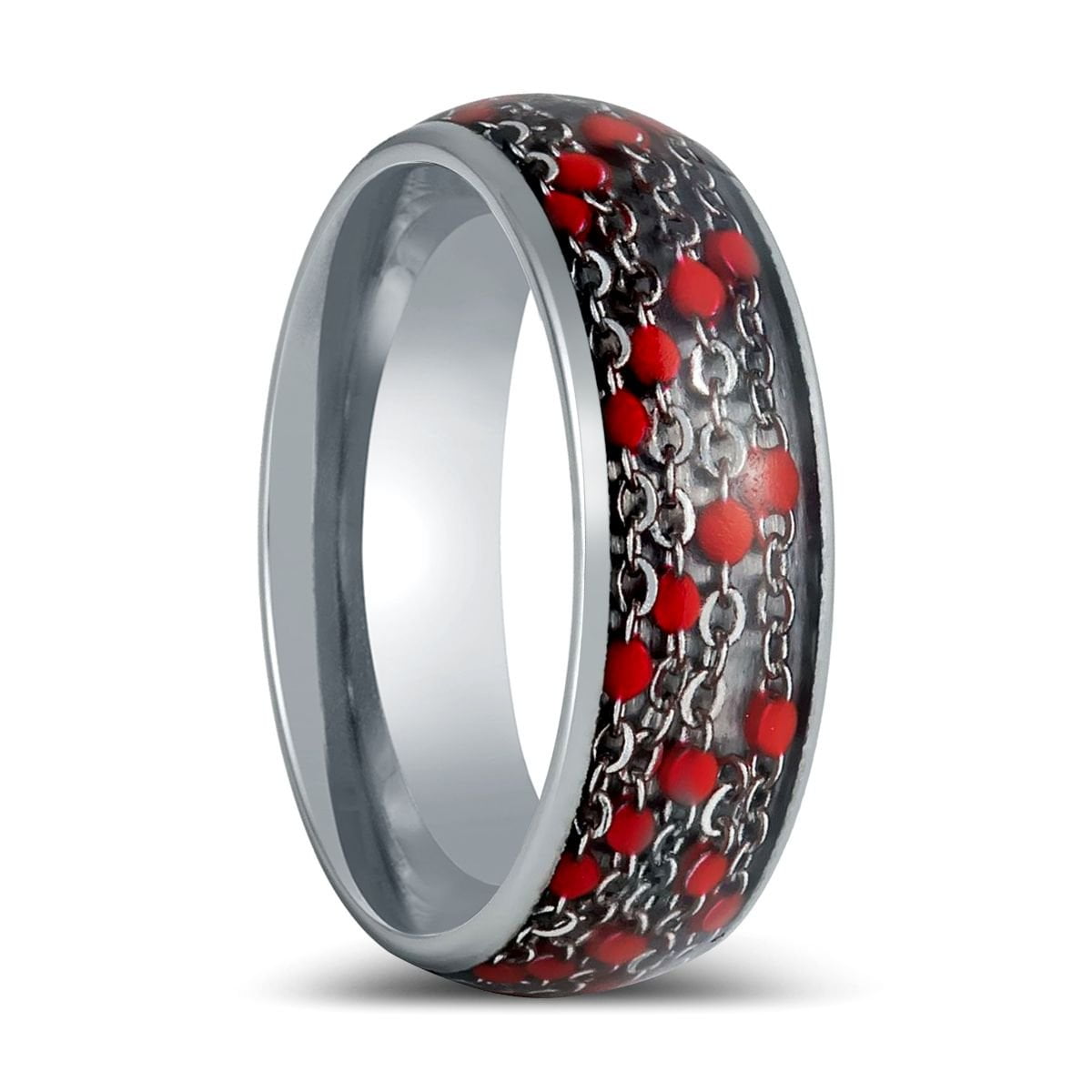 SCARLETLINK | Silver Tungsten Ring, Domed Ring with Red Beads Inlay ...