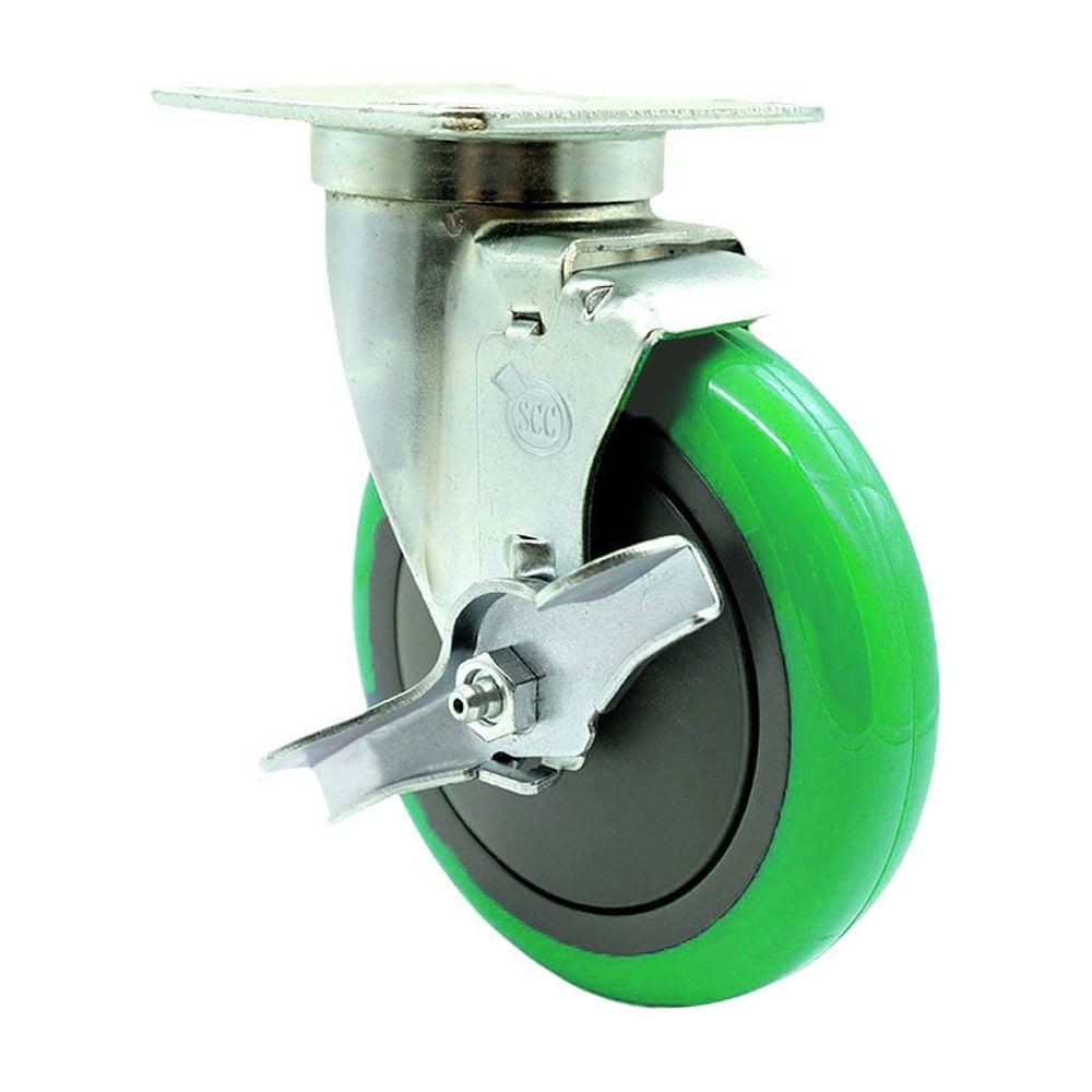 SCC - 5" x 1.25" Green Polyurethane Wheel Swivel Caster w/Brake ...