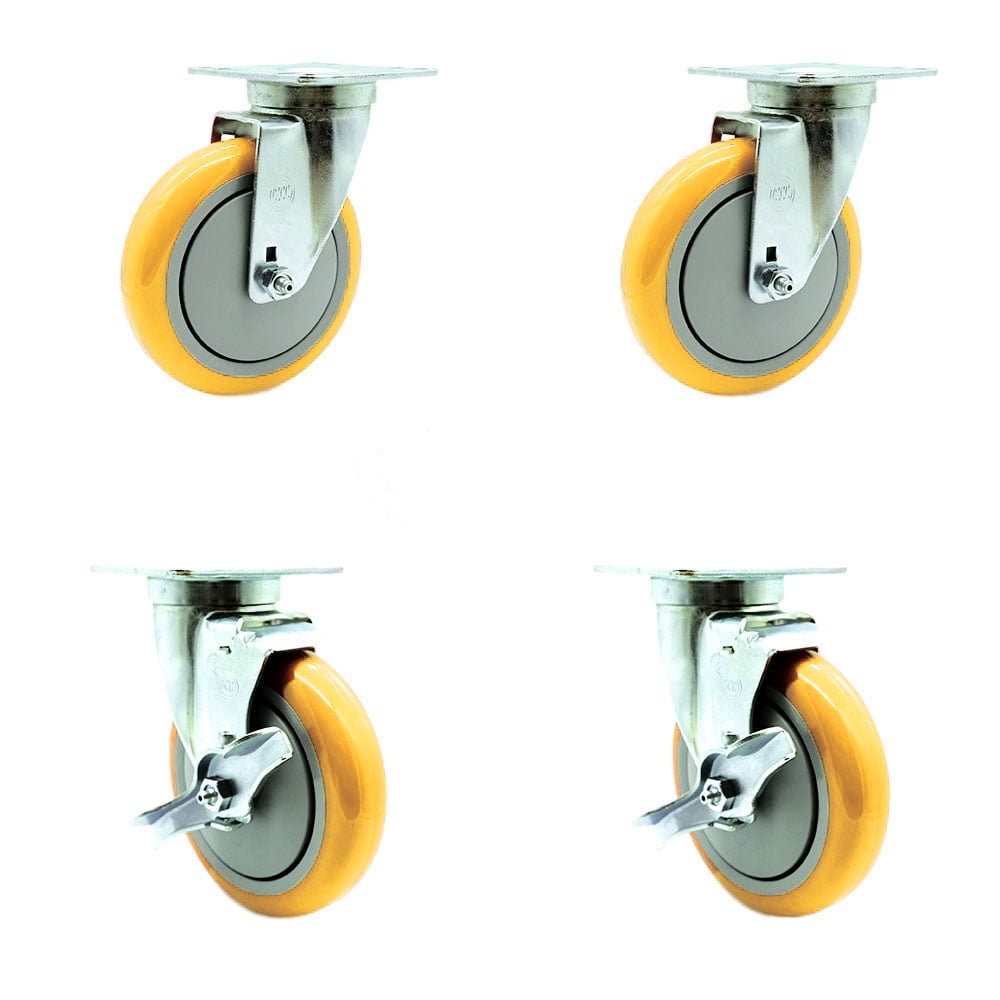 SCC 5" x 1.25" Yellow Polyurethane Wheel Caster Set 4 -2 Swivel/2 ...