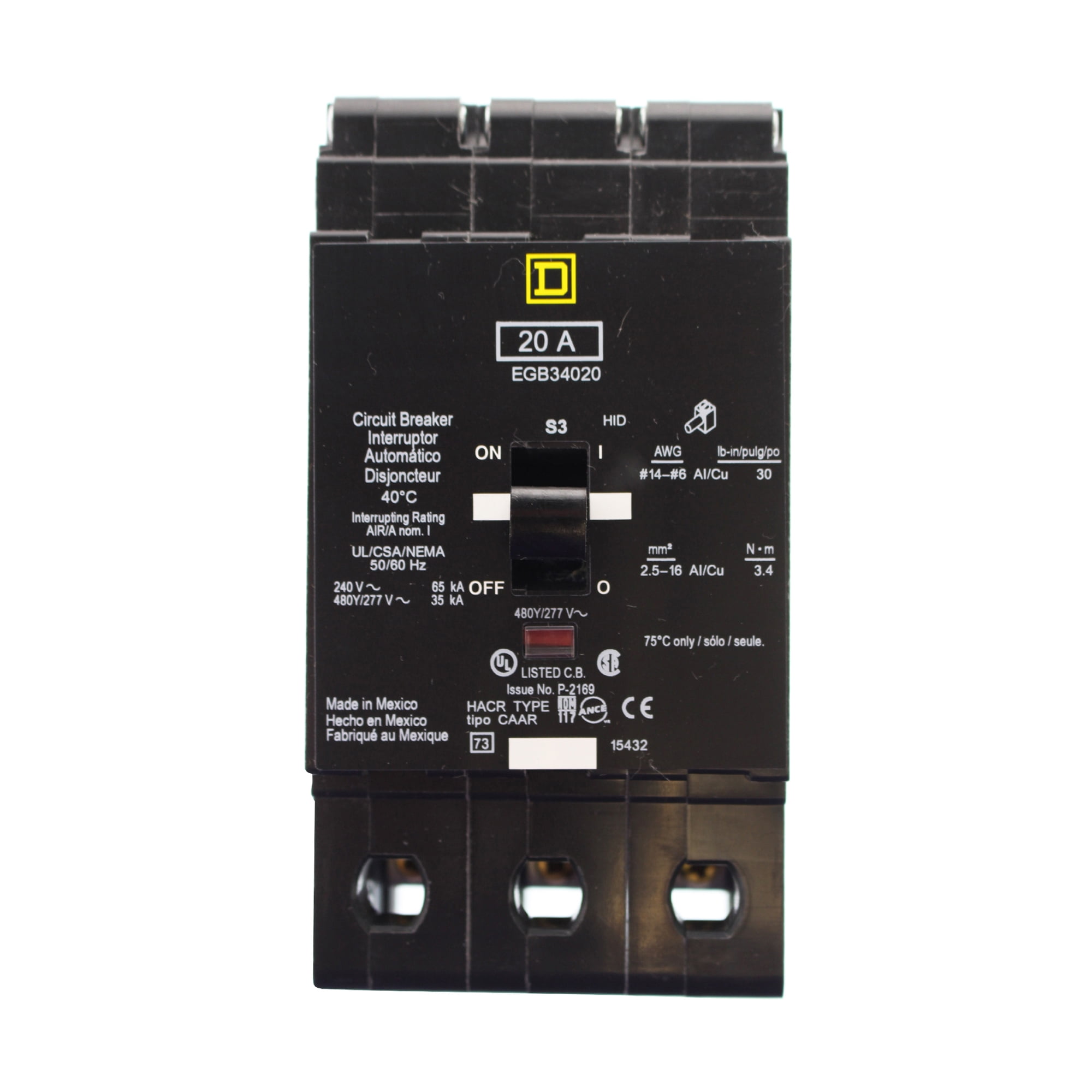 SCHNEIDER ELECTRIC 480Y/277-VOLT 20-AMP EGB34020 Miniature Circuit ...