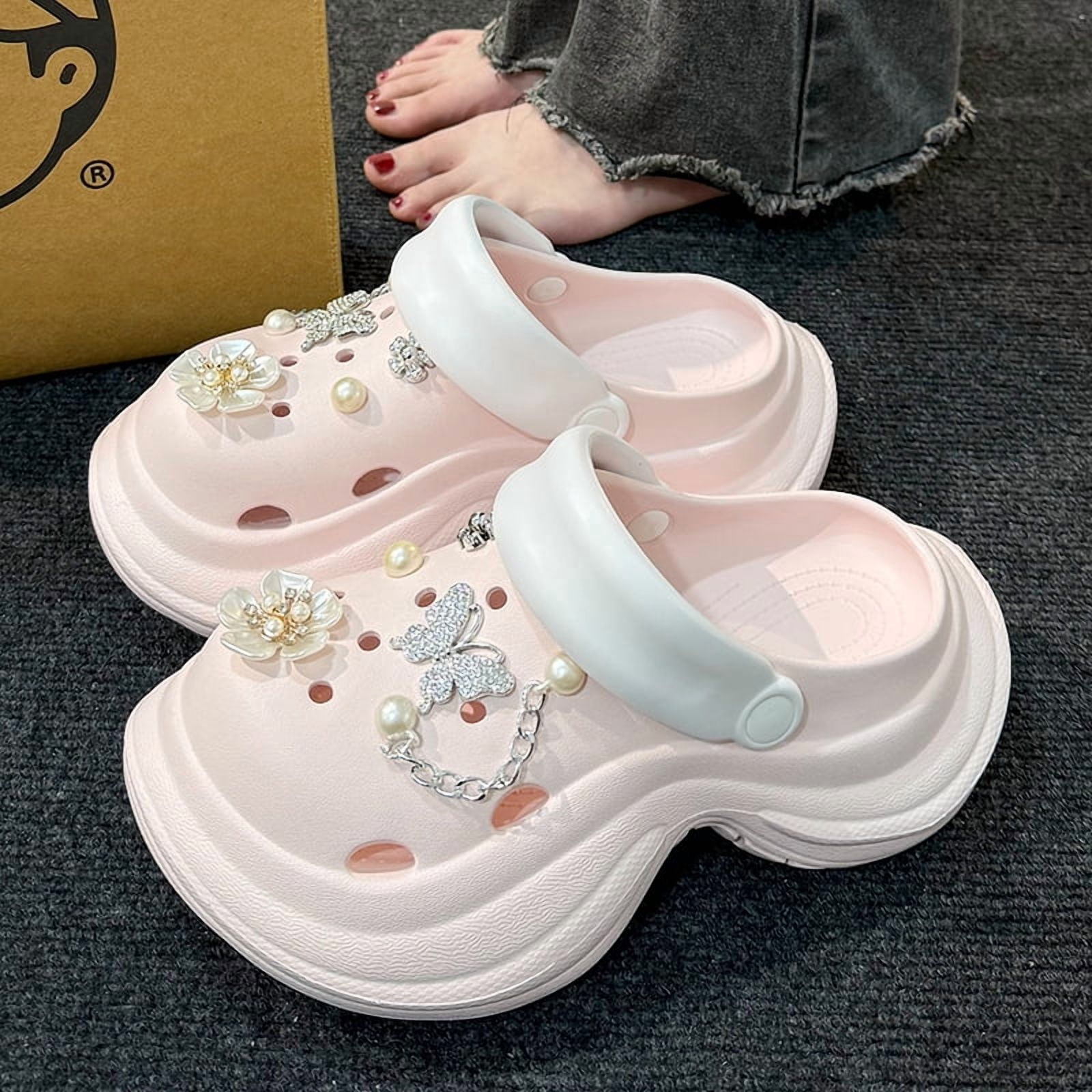 SCHUHLAND Women's Crystal Butterfly Chunky Platform Clogs, Soft EVA ...