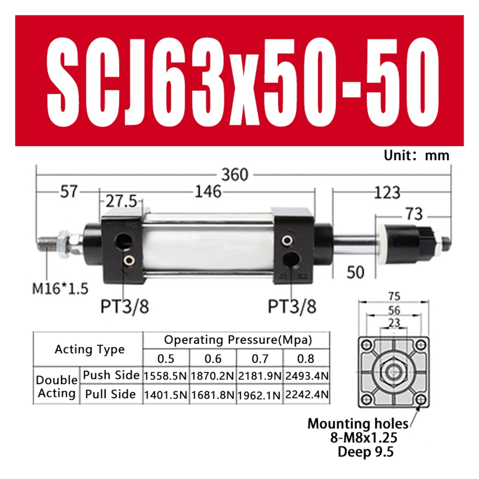 SCJ63x50-50 Standard Pneumatic Cylinder Bore 63mm Double Acting Air ...