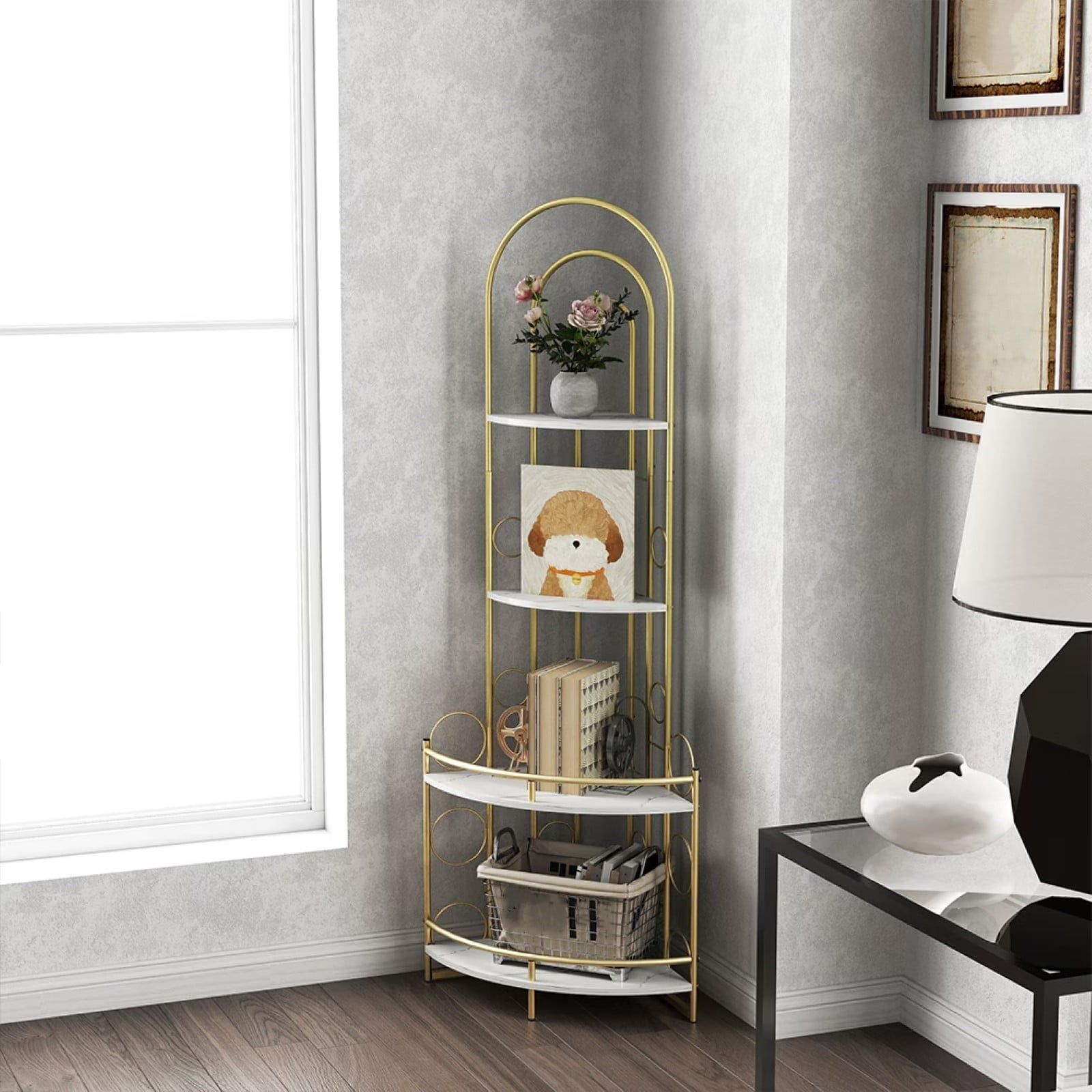 SCNOR 4 Tier Rustic Corner Shelf, Metal Frame Corner Storage Rack with ...