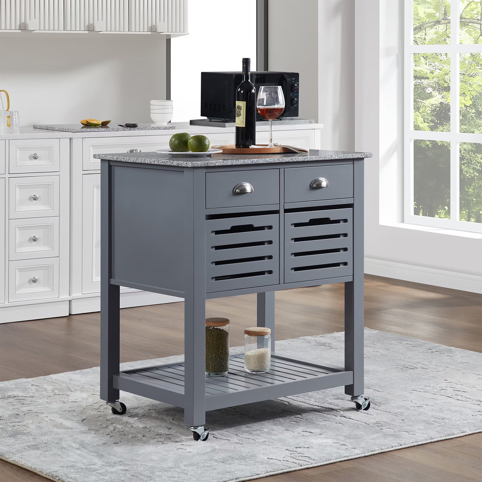 SCNOR Rolling Kitchen Cart with Drawers & Slide Out Basket - Wooden ...