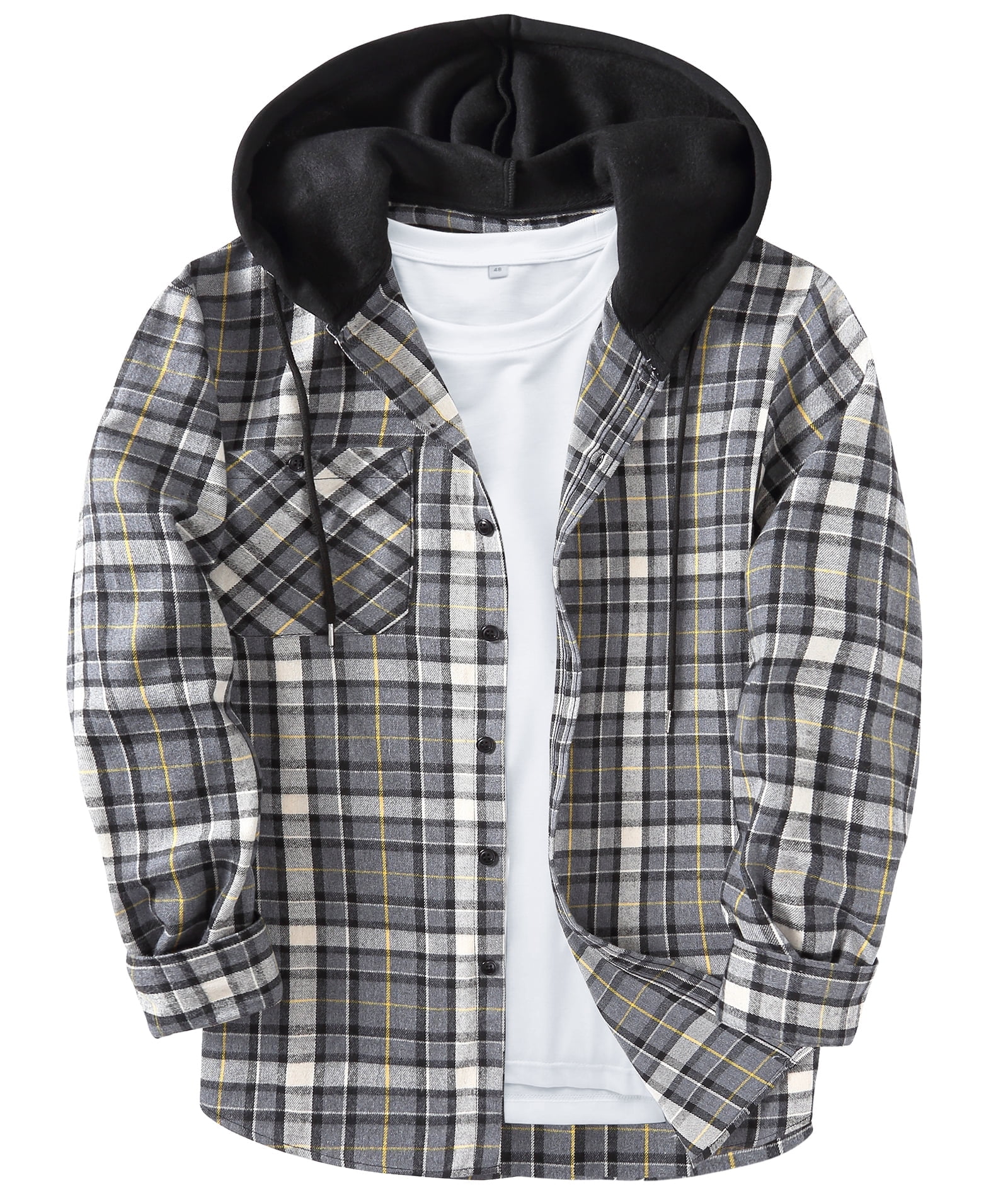 Scodi Flannel Hoodie Shirts Men Long Sleeve Button Down Plaid Hooded ...