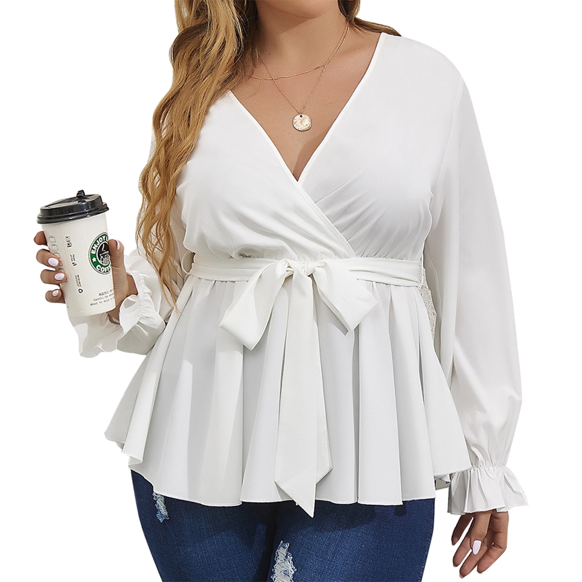 SCOMCHIC Female Plus Size Blouses Puff Sleeve Belted Wrap Peplum Tops ...
