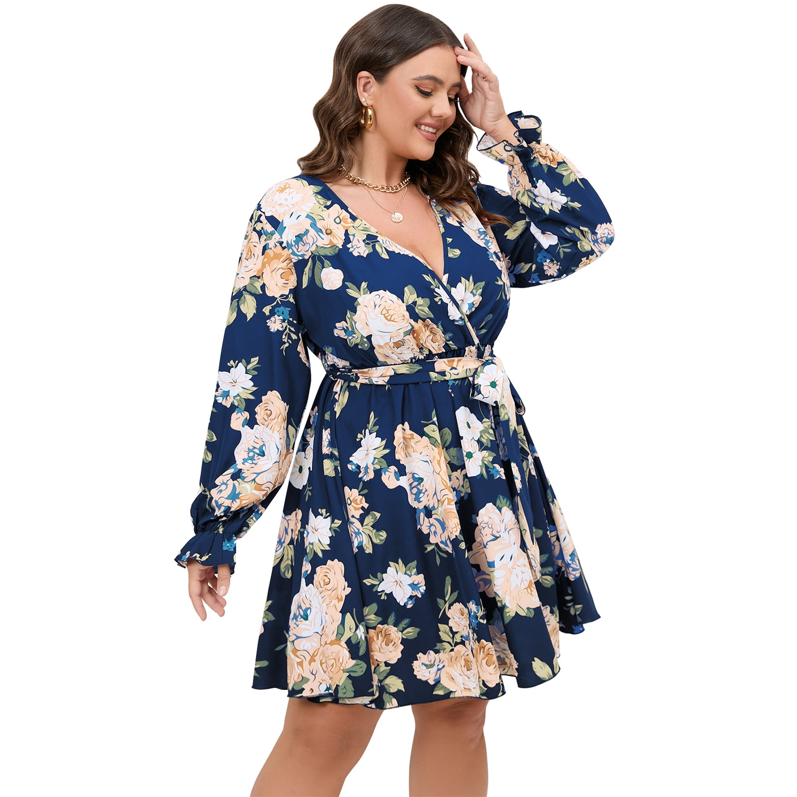 SCOMCHIC Plus Size Wrap V Neck Long Sleeve Floral Print High Waisted ...