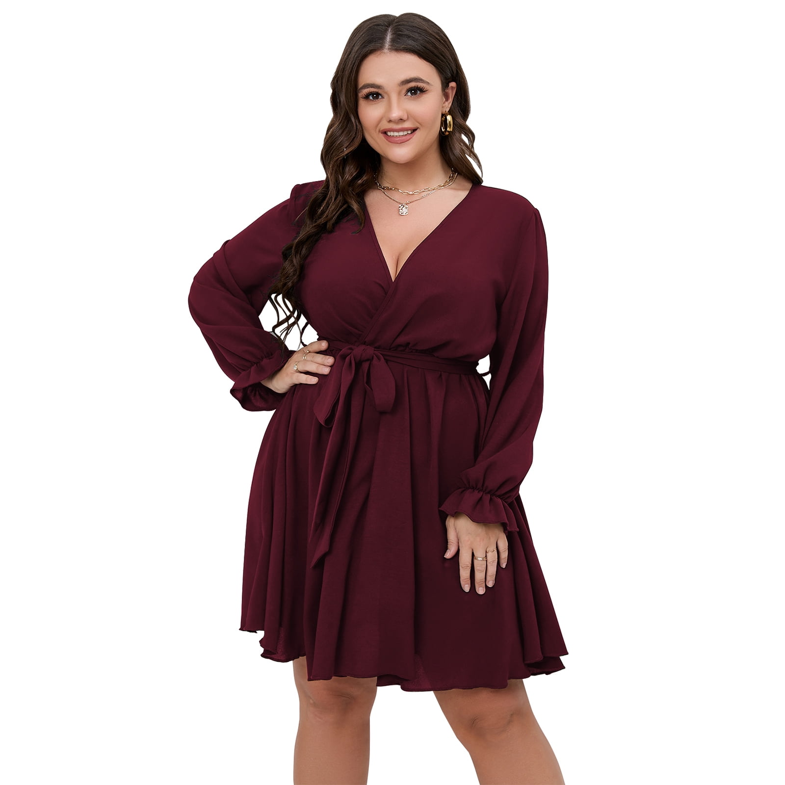 SCOMCHIC Women's Plus Size Wrap A Line Casual Mini Dress V-Neck ...