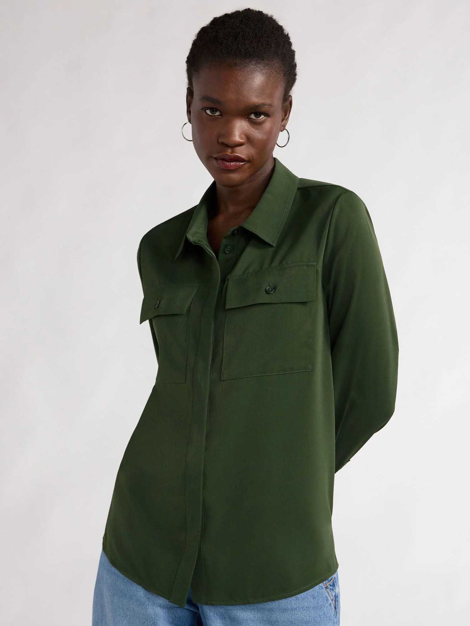 Scoop Women's & Women's Plus Button Down Blouse with Two Pockets, Sizes ...