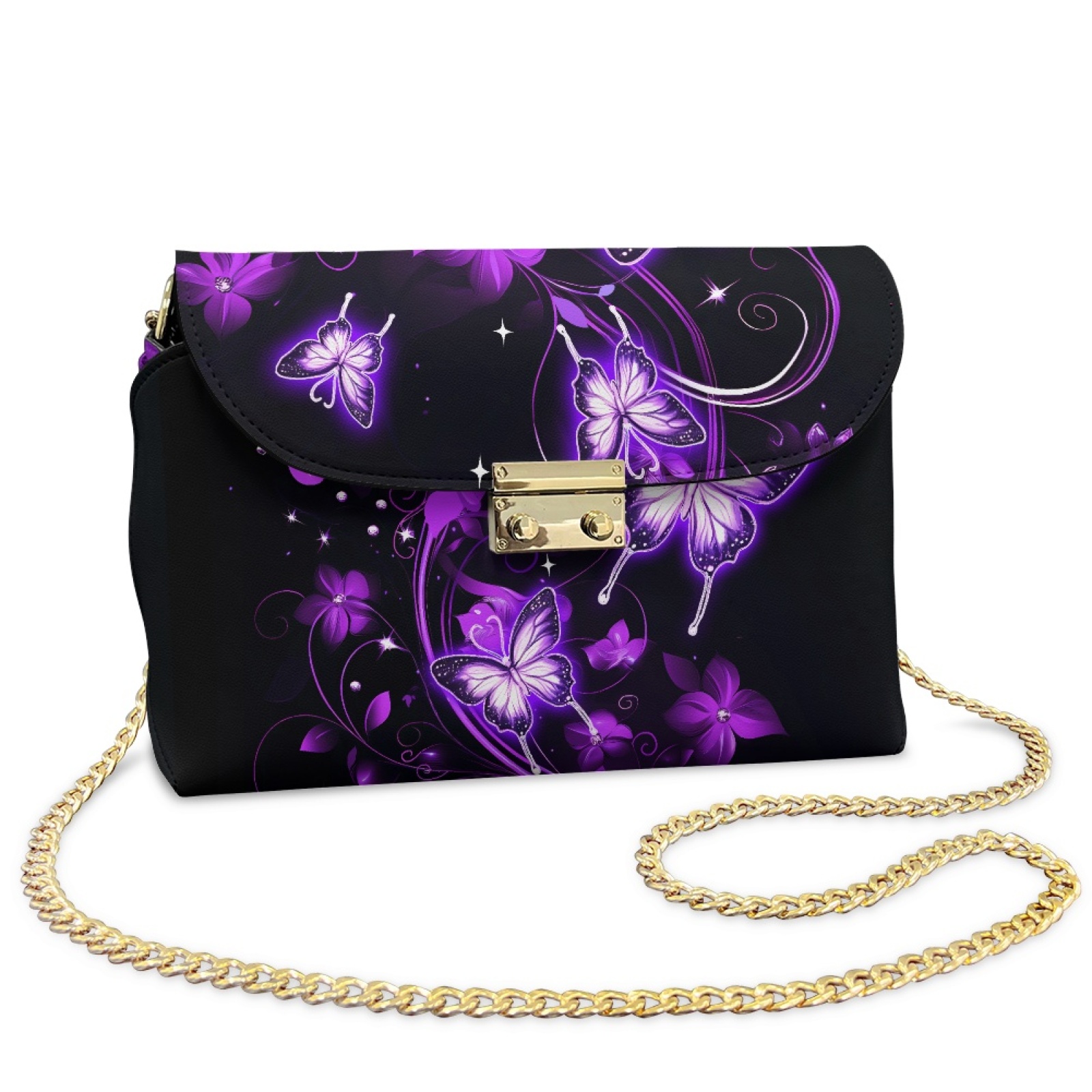 SCRAWLGOD Butterfly Floral Print Violet Black Women's Crossbody Purse ...