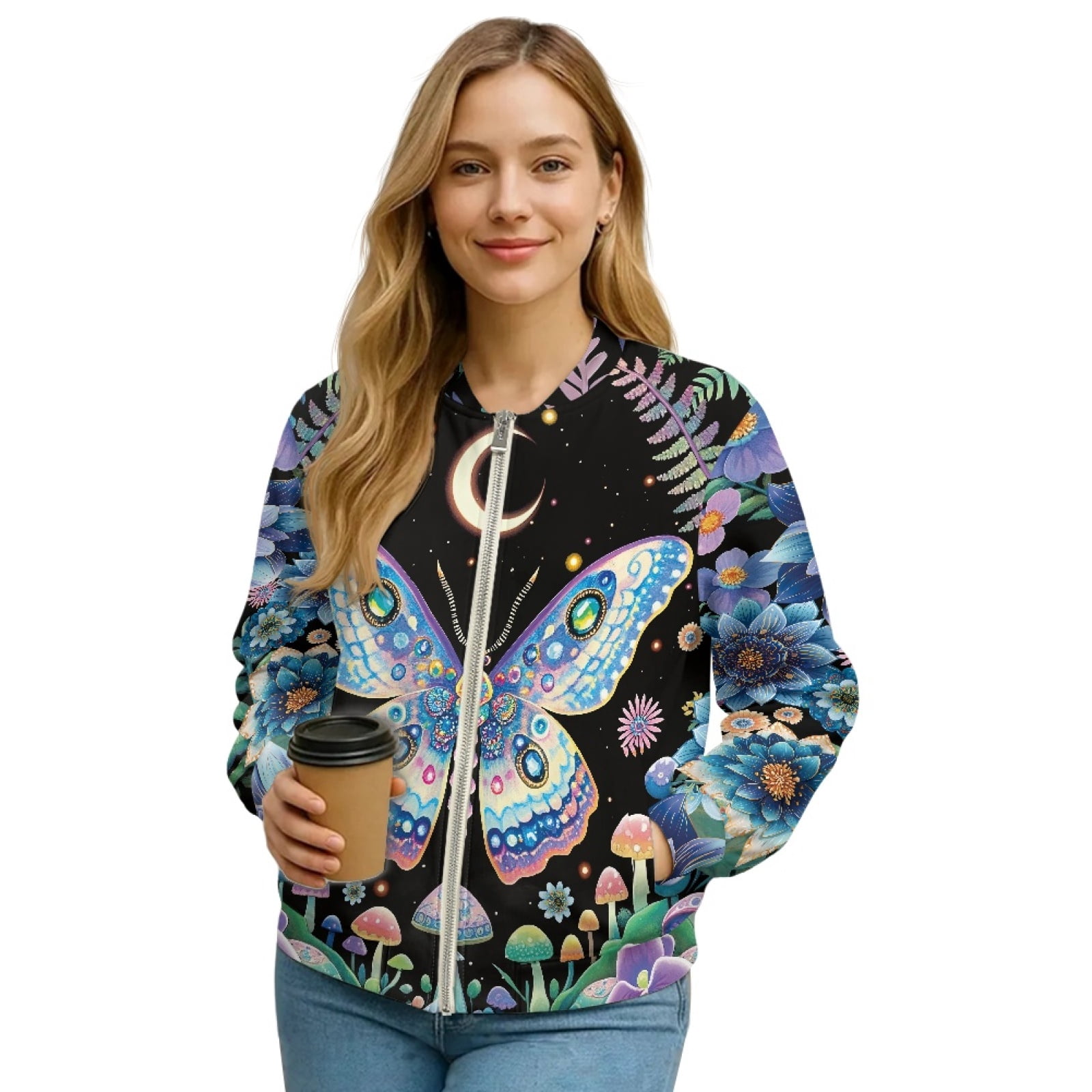 SCRAWLGOD Butterfly Moon Floral Mushroom Print Blue Black Women's Full ...