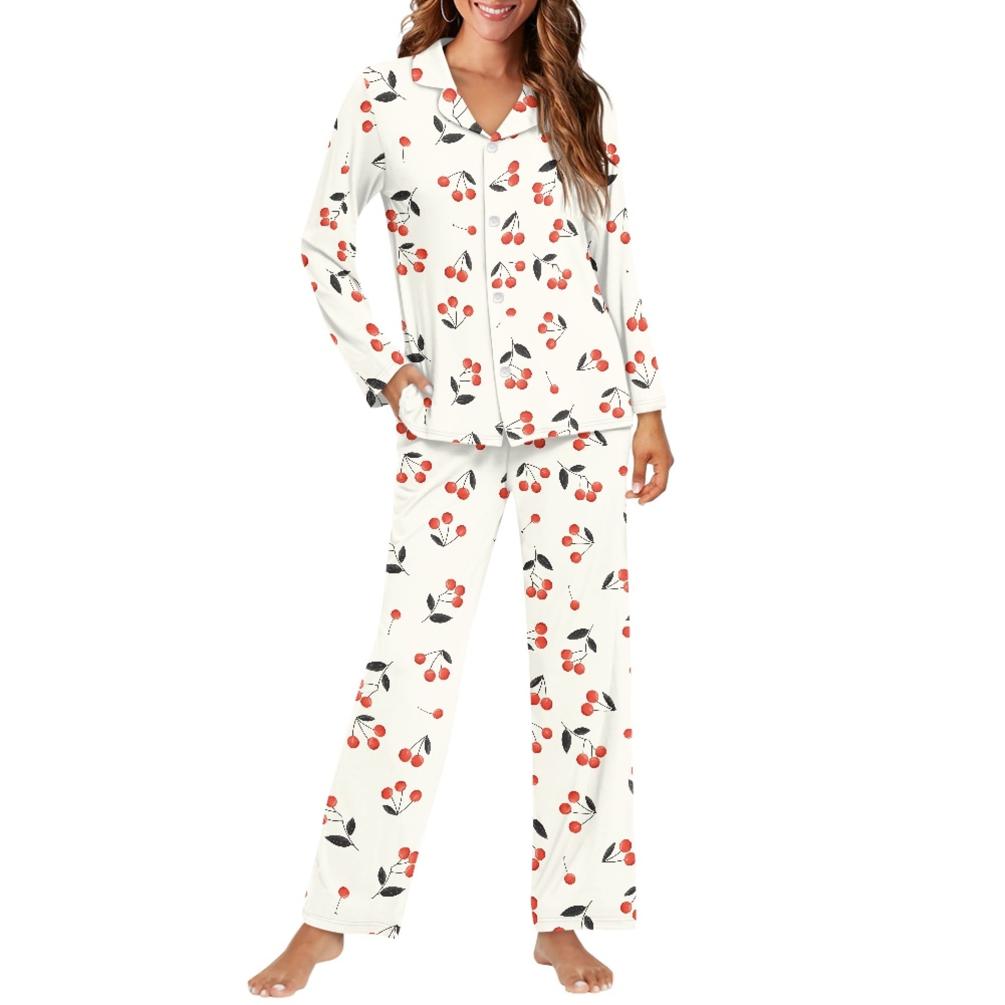 SCRAWLGOD Cherry Pajama Set for Women Long Sleeve Button Down Pajamas ...