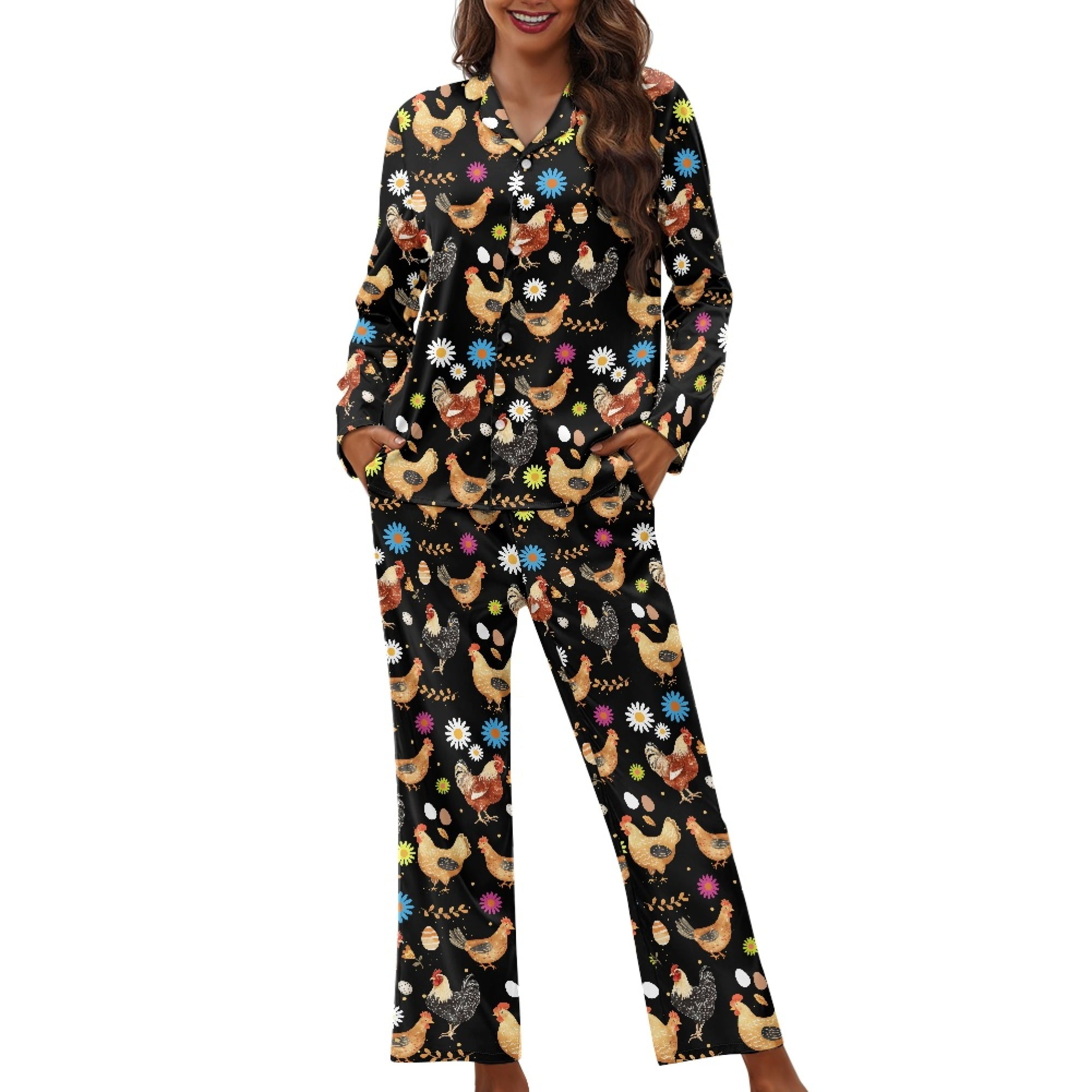SCRAWLGOD Chicken Pajamas for Women Long Sleeve Button Up Pajama Top ...