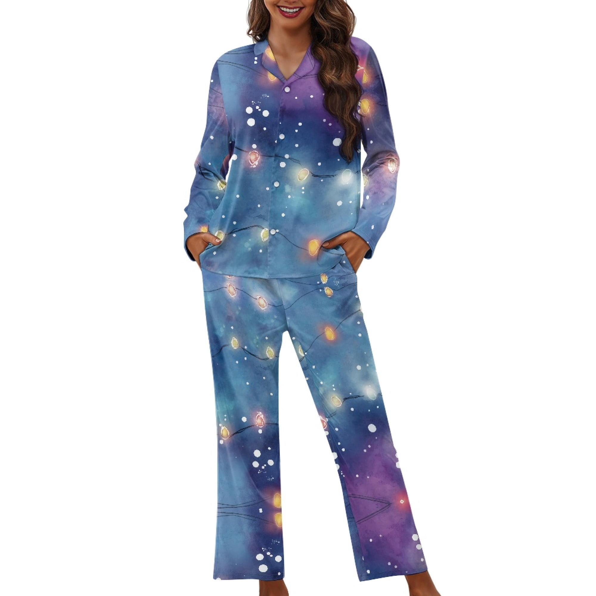 SCRAWLGOD Christmas Lights Pajamas Women Button Down Pjs for Women Set ...