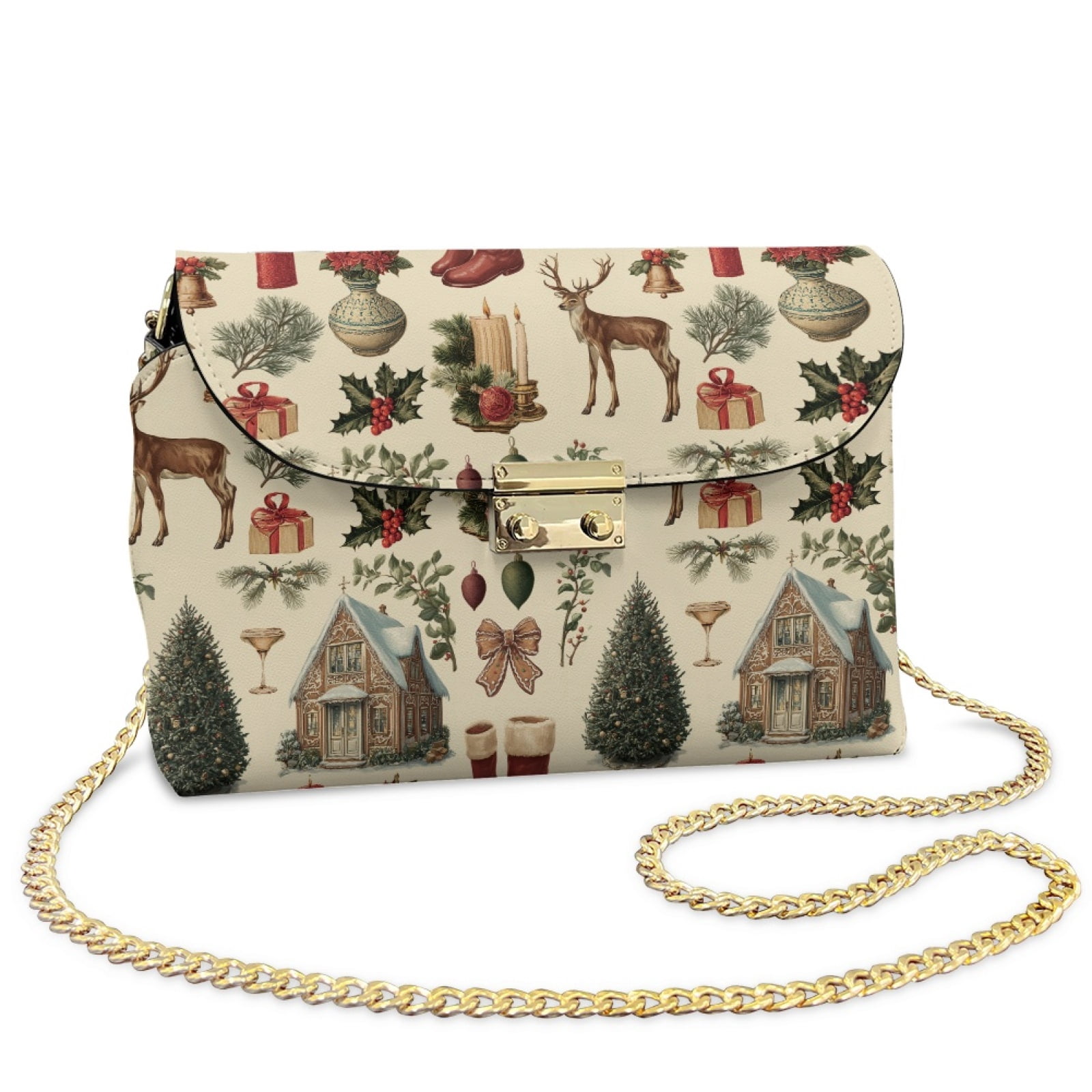 SCRAWLGOD Christmas Tree Holly House Elk Print Beige Crossbody Bags for ...