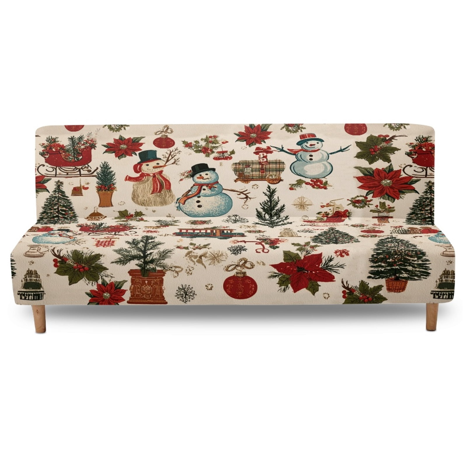 SCRAWLGOD Christmas Tree Snowman Poinsettia Print Beige Futon Cover ...