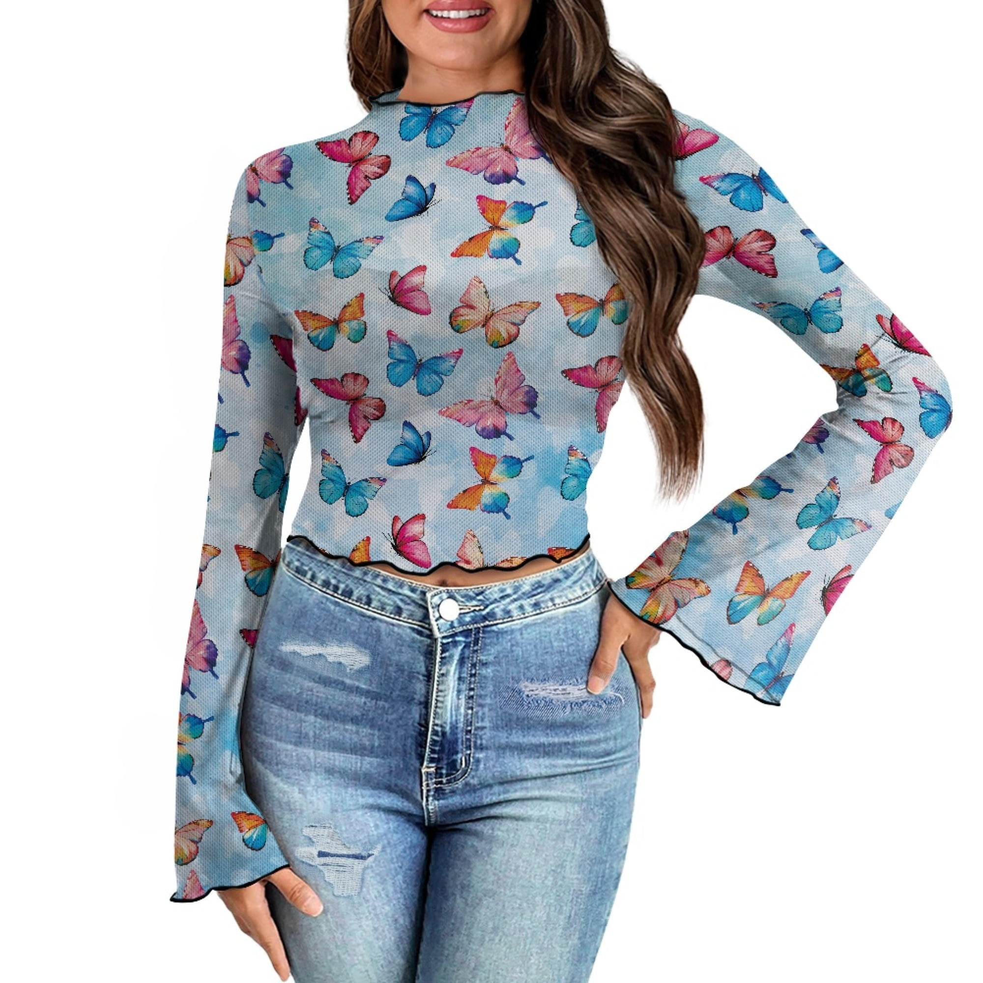 SCRAWLGOD Colorful Butterfly Flared Sleeve Tops for Women Size XL Bell ...