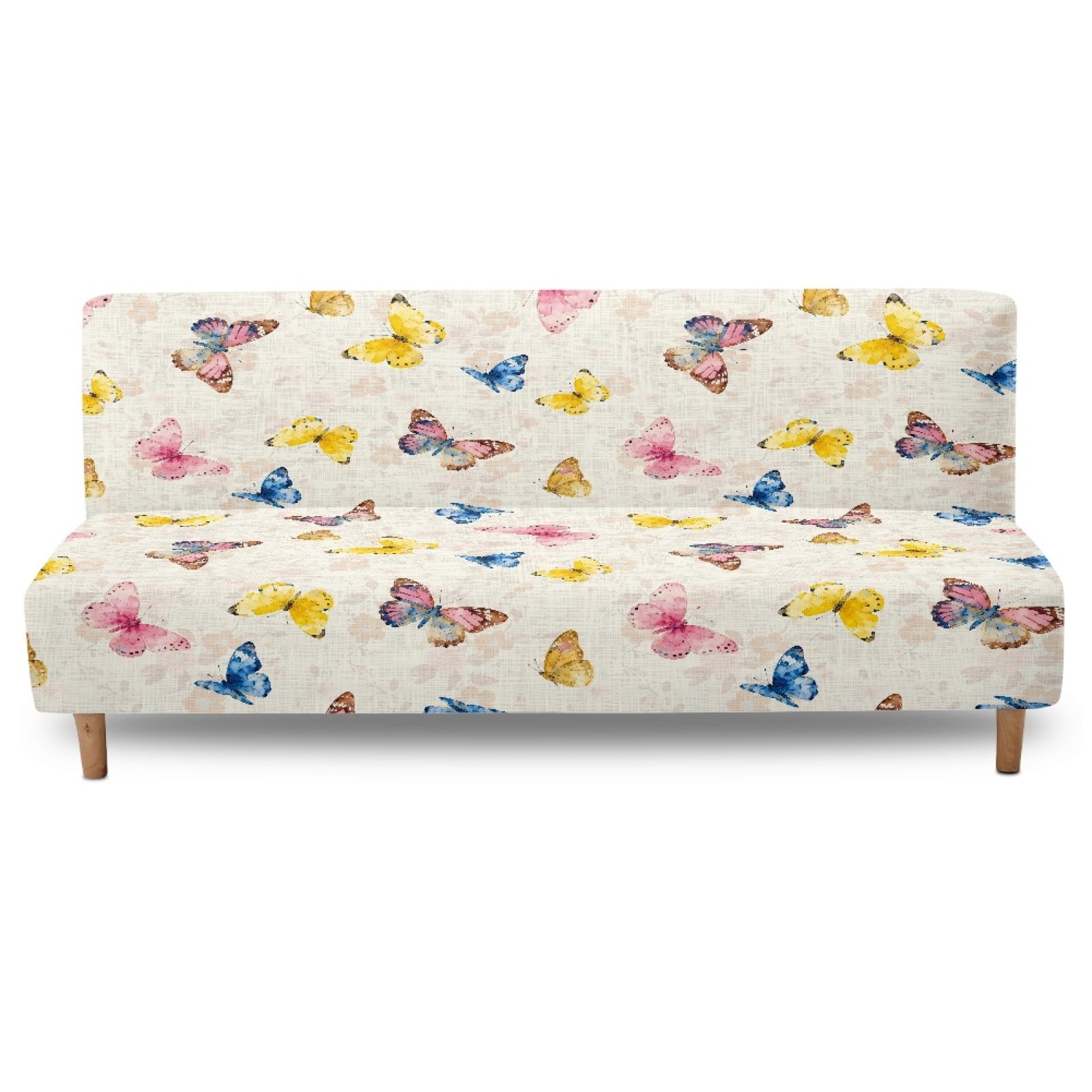 SCRAWLGOD Colorful Butterfly Floral Print Beige Stretch Armless Futon ...