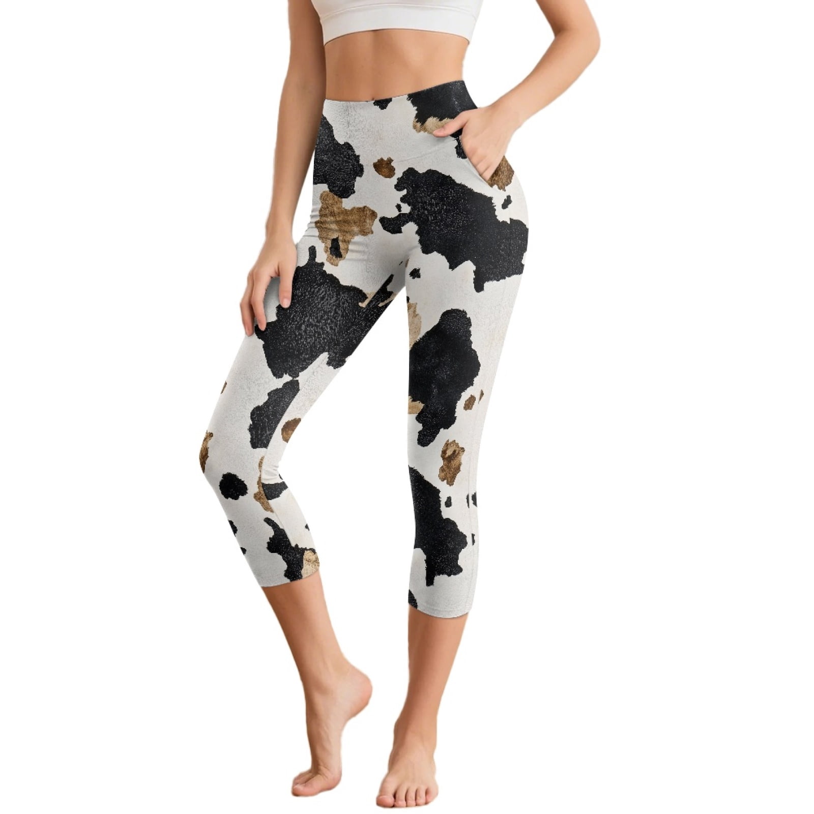 SCRAWLGOD Cow Print Black Beige Women's High Waisted Leggings Tummy ...