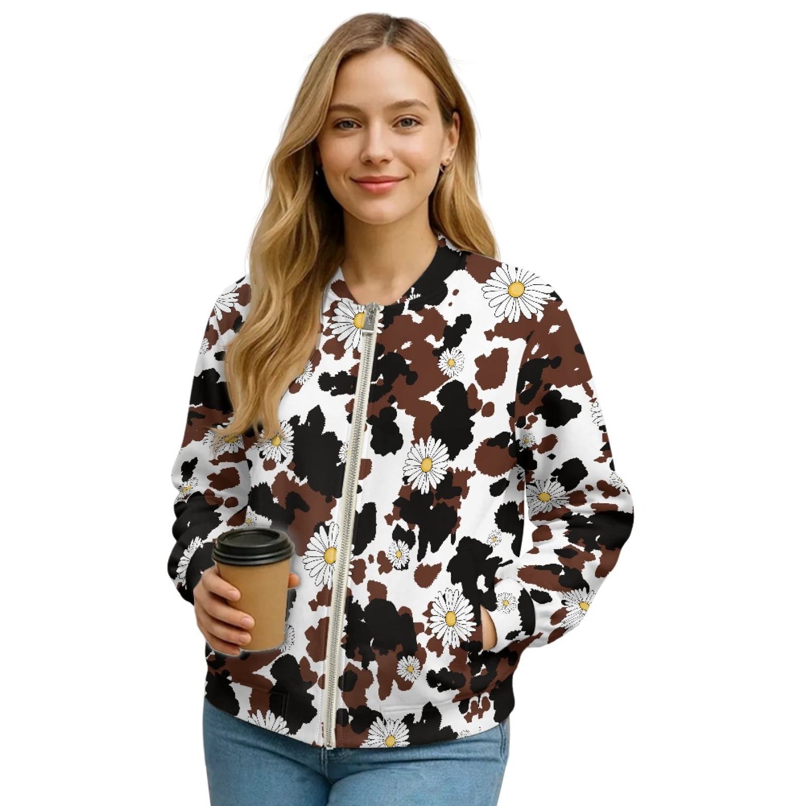 SCRAWLGOD Cow Print Daisy Brown Black White Women's Crewneck Zip Up ...