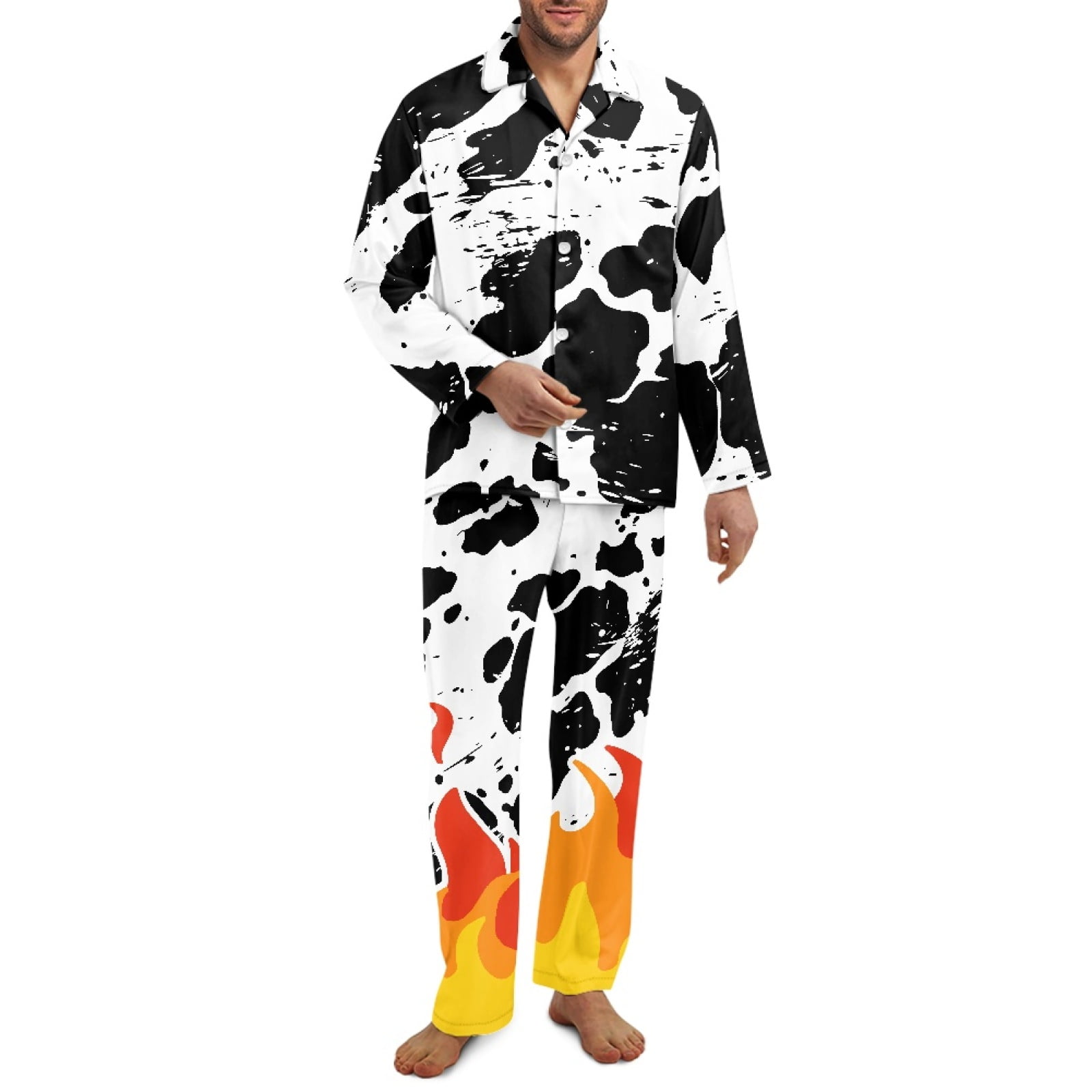 SCRAWLGOD Cow Print Flame Print 2 Piece Men's Pajama Set Anti-Wrinkle ...