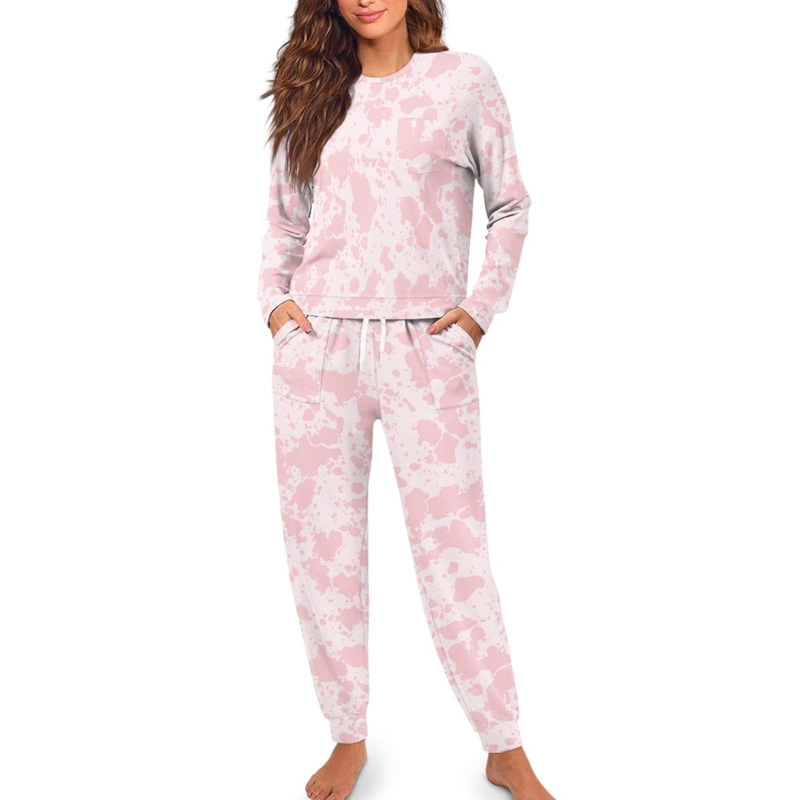SCRAWLGOD Cow Print Splash Pink Women's Pajamas Set Drawstring 2 Piece ...