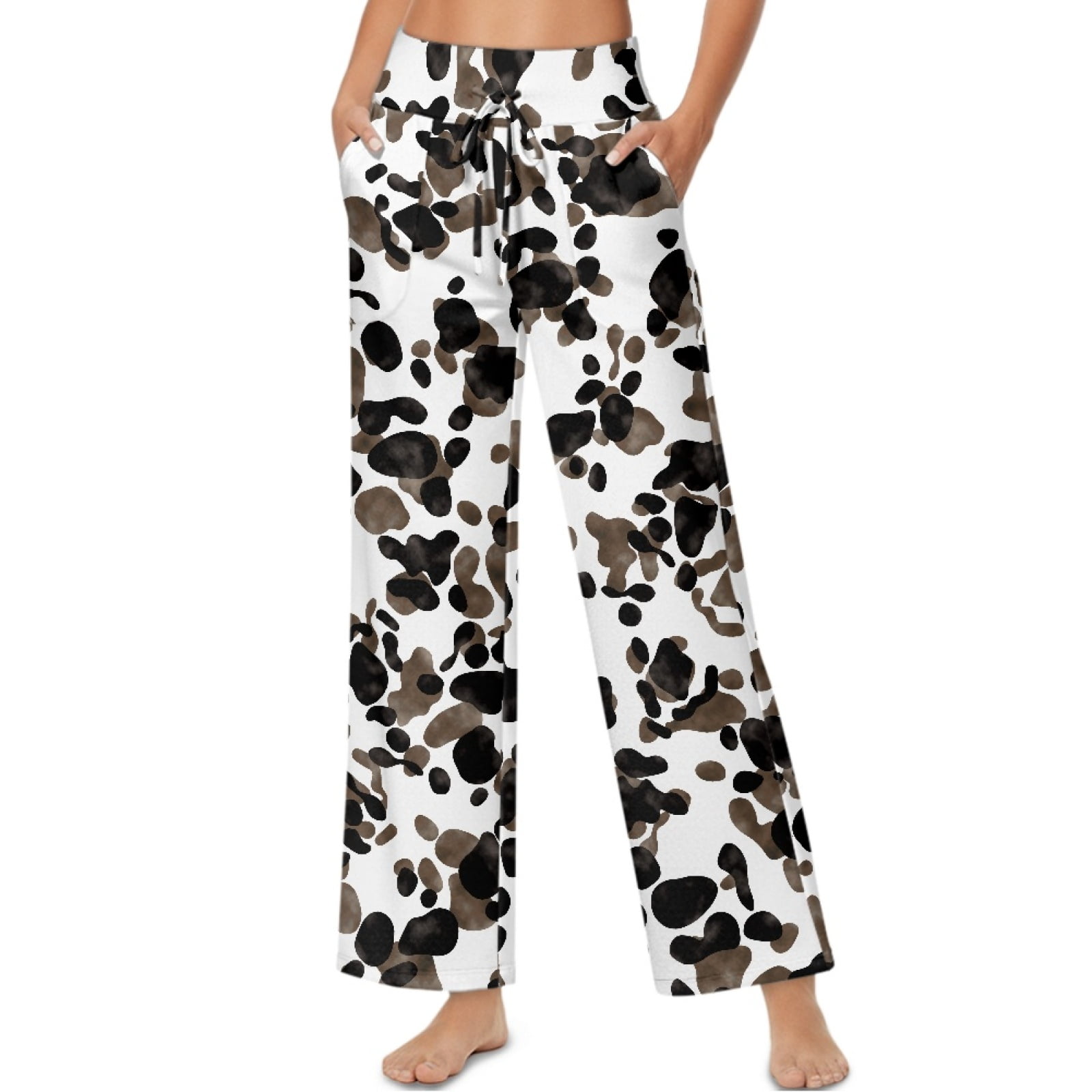 SCRAWLGOD Cow Print Spot Black White Women Flowy Pants Drawstring High ...