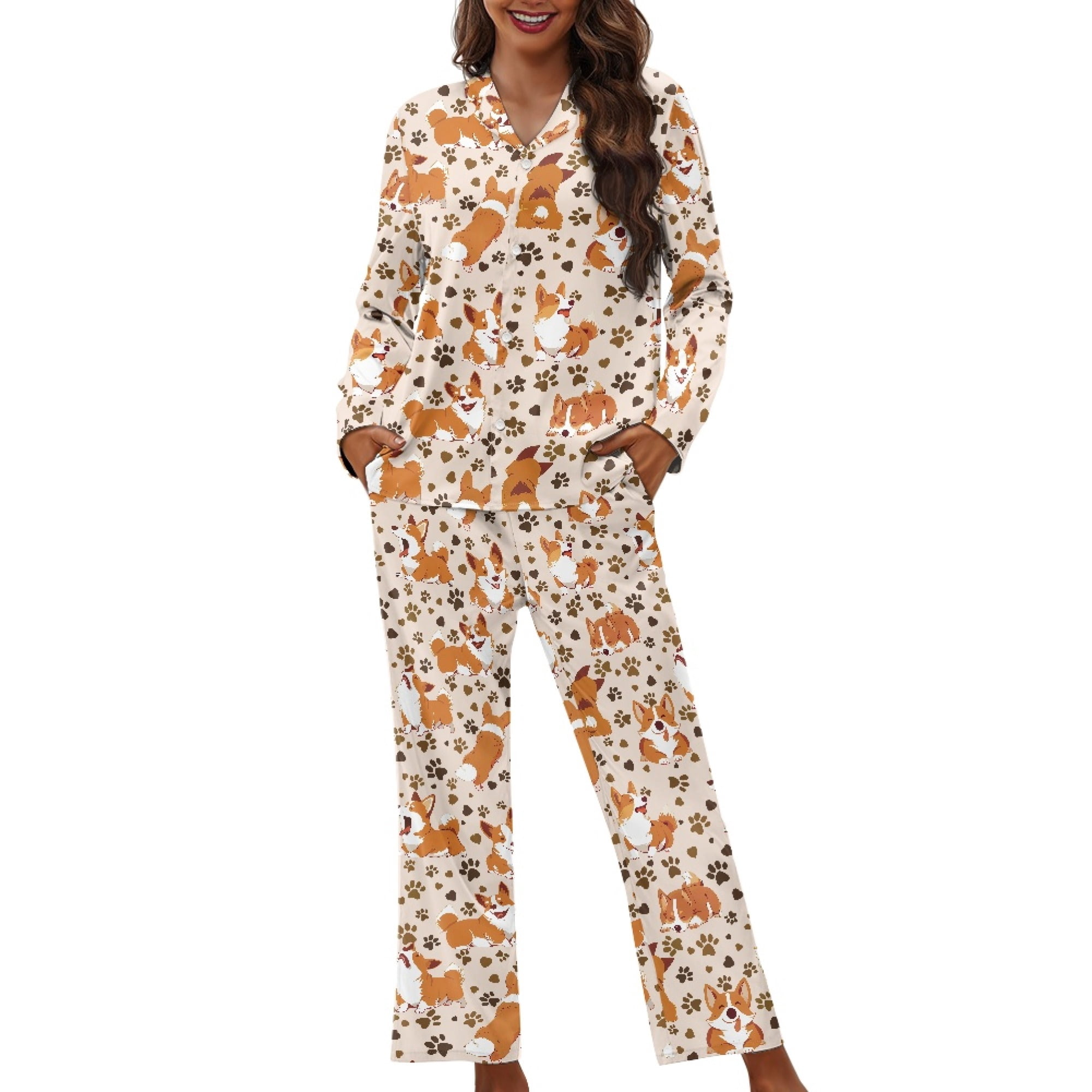 SCRAWLGOD Cute Corgi Womens Pajamas Long Sleeve Button Up Pj Tops for ...