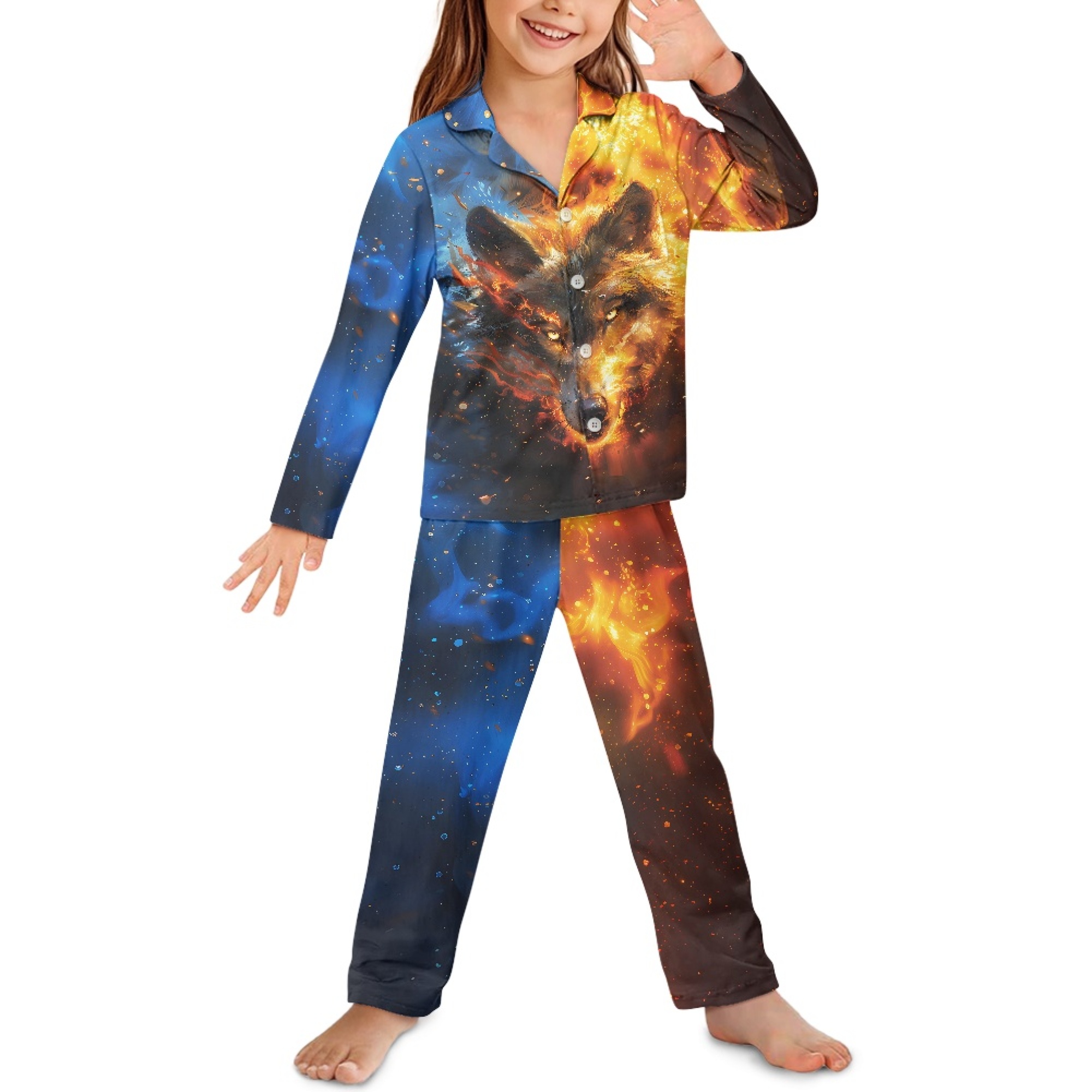 SCRAWLGOD Fire Water Wolf Pjs Girls Long Sleeve Button Front Pajama Top ...