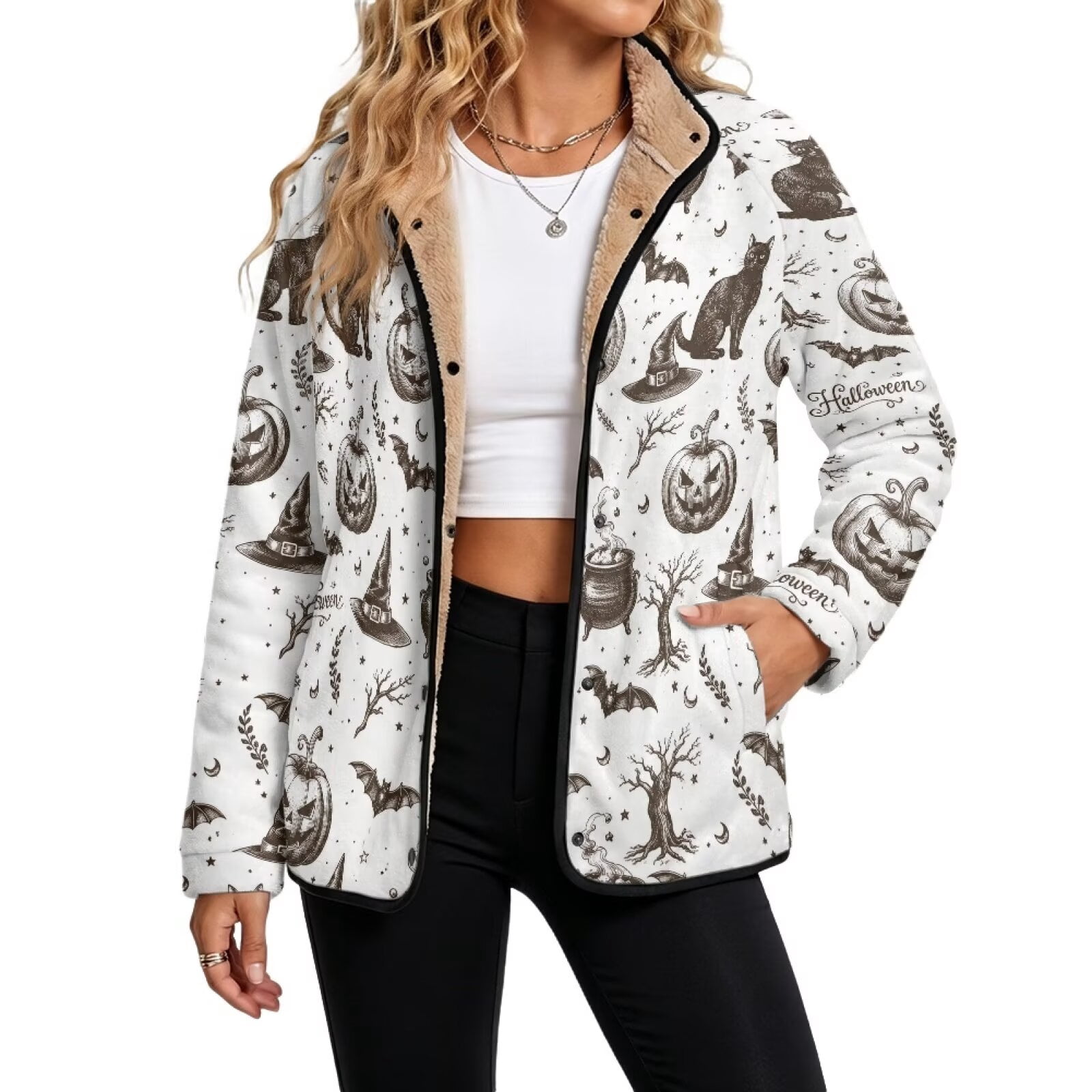 SCRAWLGOD Fleece Jacket for Women Sherpa Lined Coat Witch Cat Bat ...