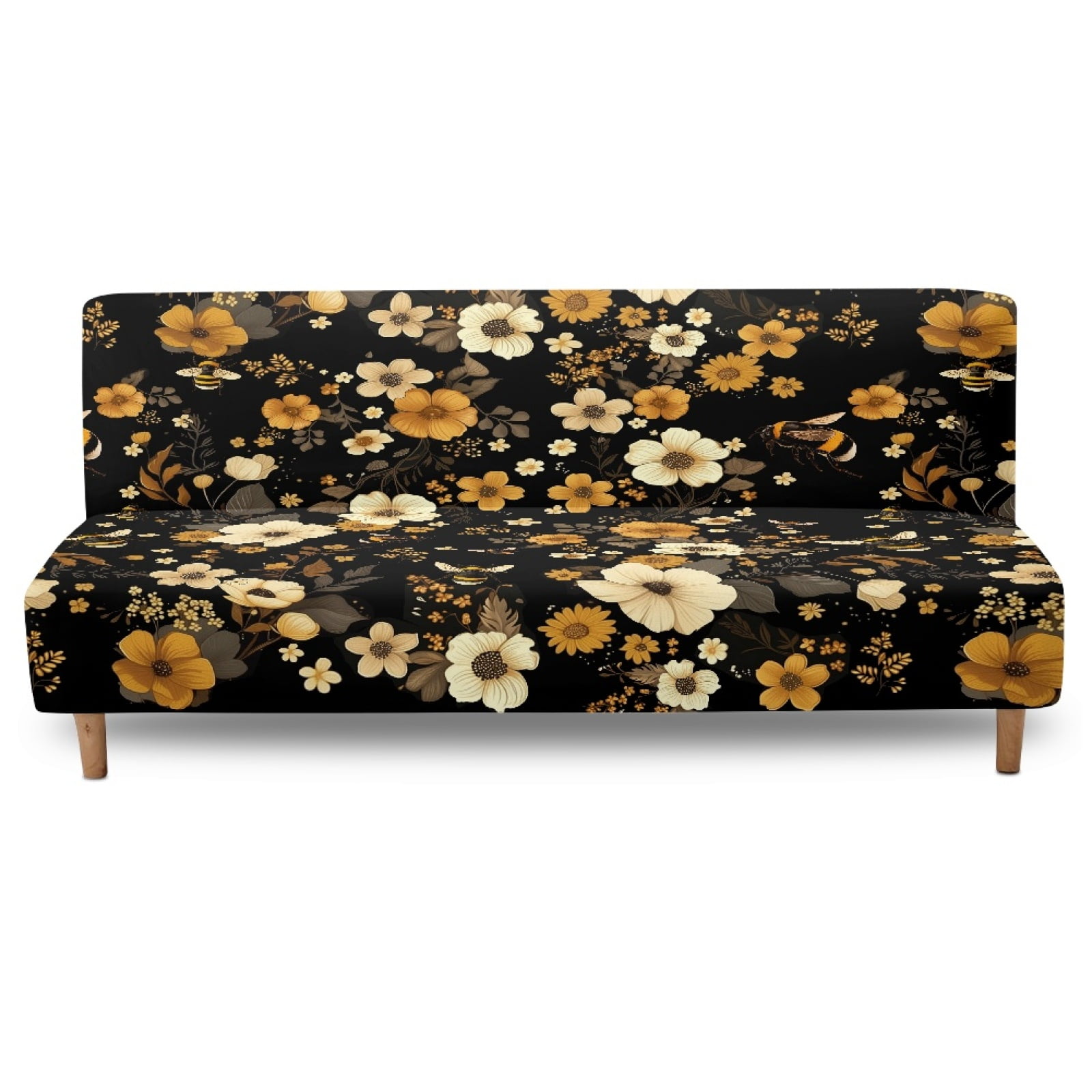 SCRAWLGOD Floral Bee Print Beige Black Stretch Armless Futon Covers ...