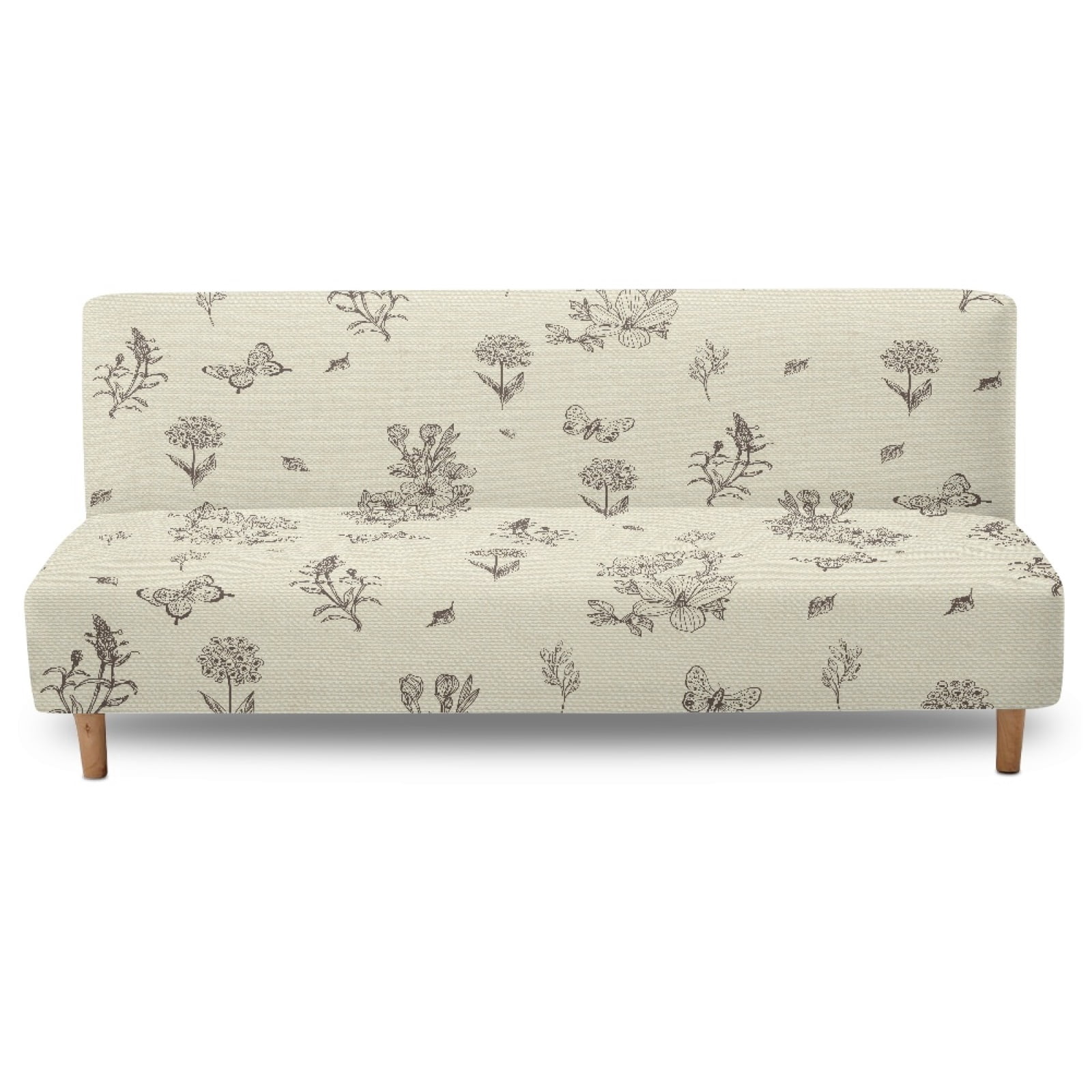 SCRAWLGOD Floral Butterfly Print Beige Futon Cover High Stretch Armless ...