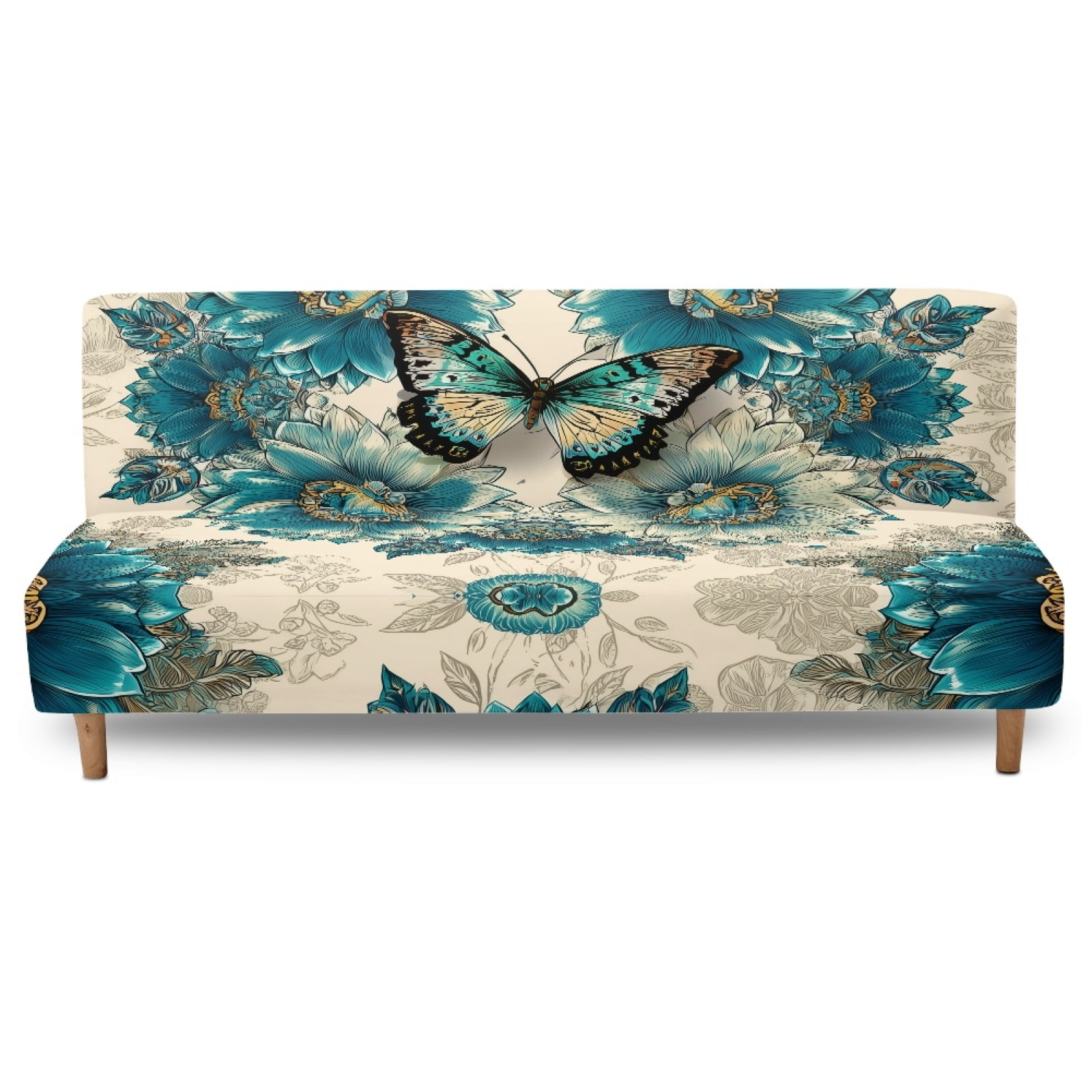 SCRAWLGOD Floral Butterfly Print Blue Beige Stretchy Futon Slipcover ...