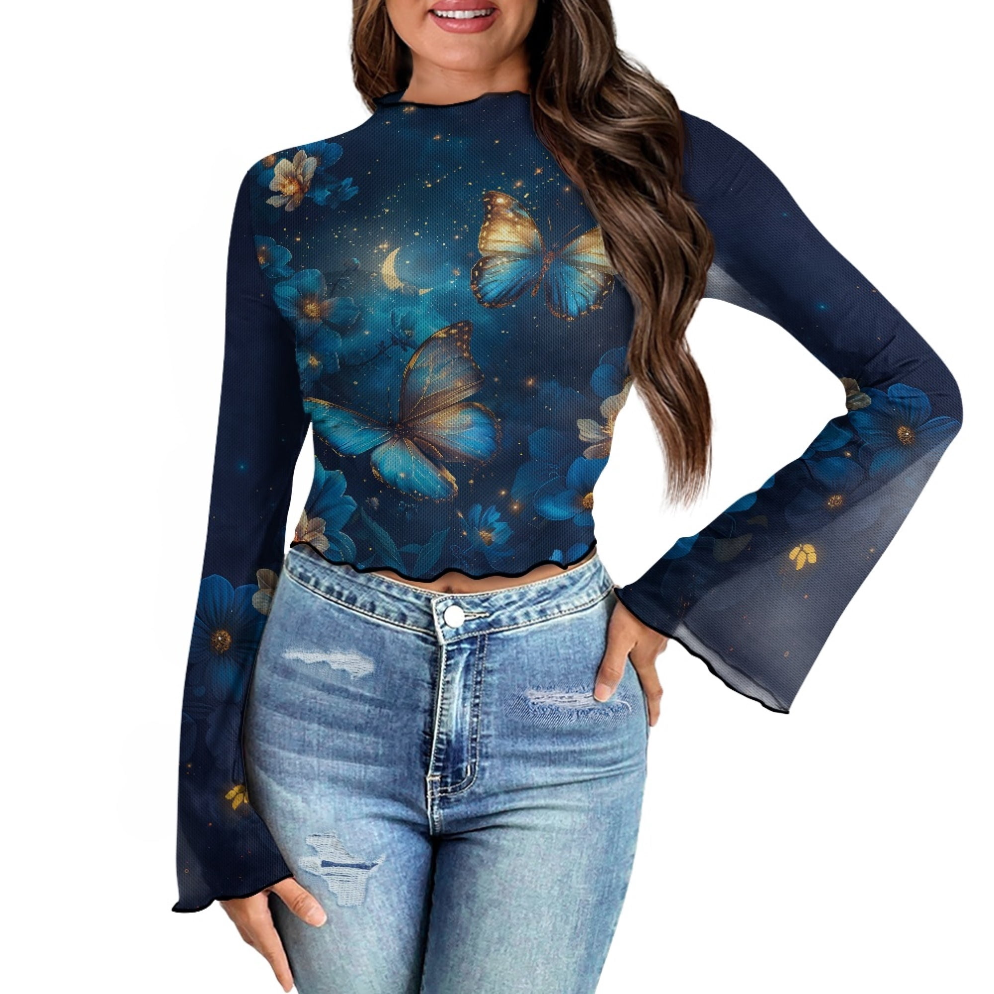 SCRAWLGOD Floral Butterfly Women Bell Sleeve Tops Blue Size S Mock Neck ...
