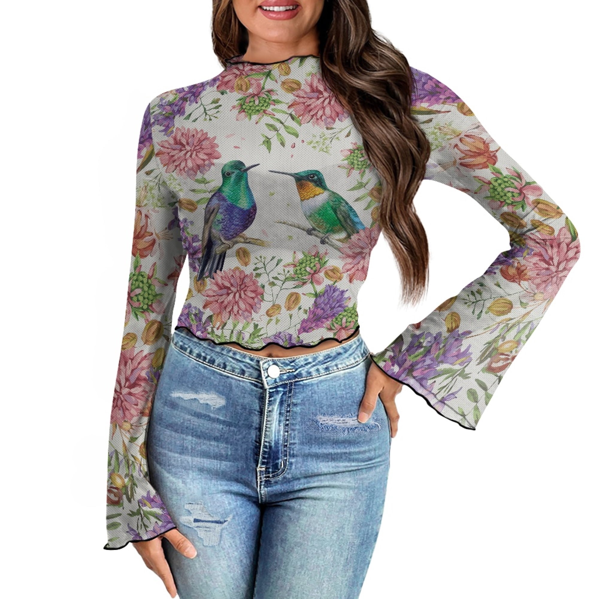 SCRAWLGOD Floral Hummingbird Women Bell Sleeve Tops Aesthetic Lettuce ...