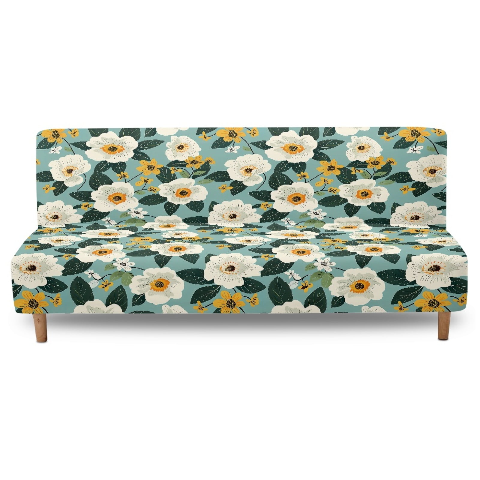 SCRAWLGOD Floral Leaf Print Cyan Armless Futon Cover Futon Mattress ...