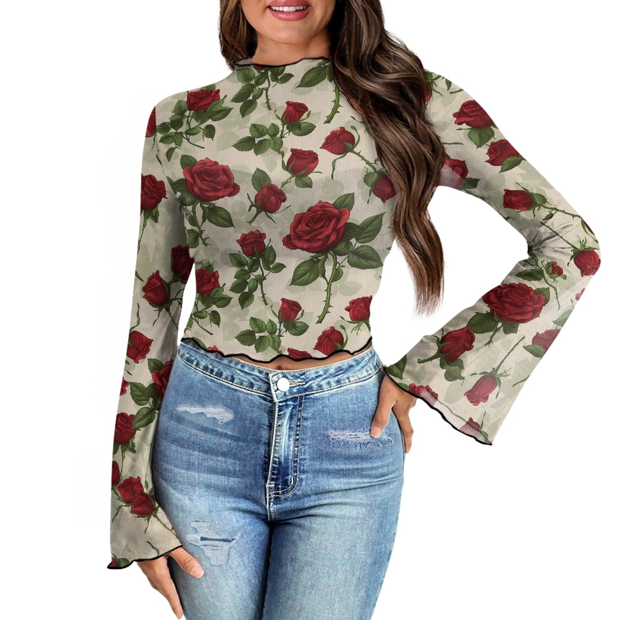 SCRAWLGOD Floral Rose Bell Sleeve Tops for Women Size L Casual Slim ...