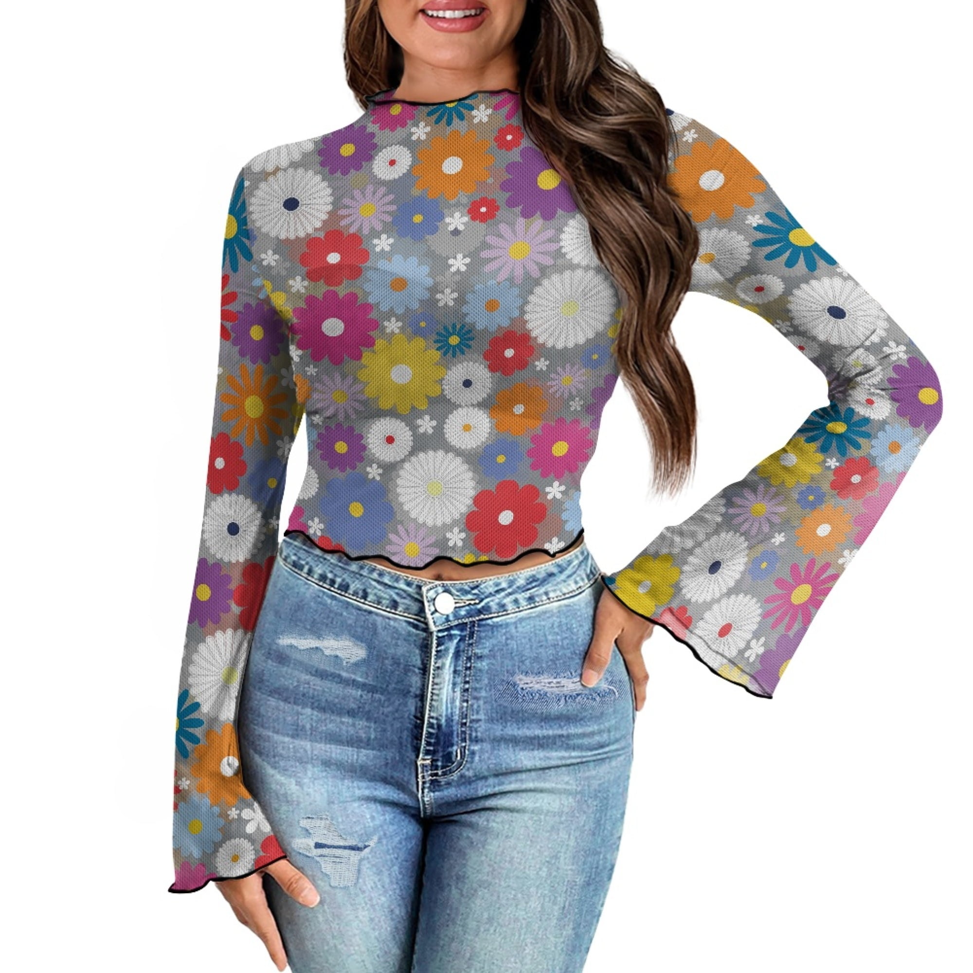SCRAWLGOD Flower Daisy Bell Sleeve Tops for Women Size XL Lettuce Trim ...