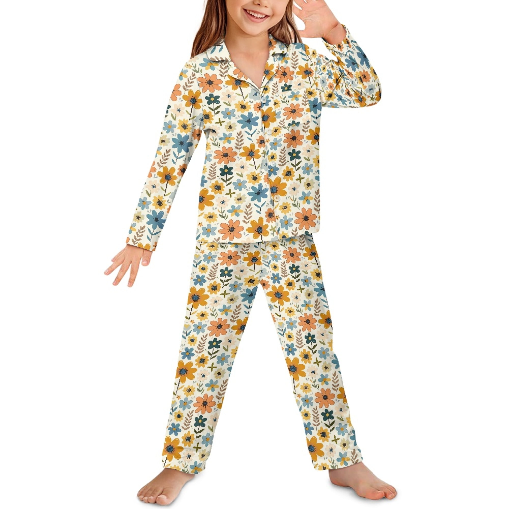 SCRAWLGOD Flower Pajama Set for Girls 11-12 Long Sleeve Button Down Pj ...