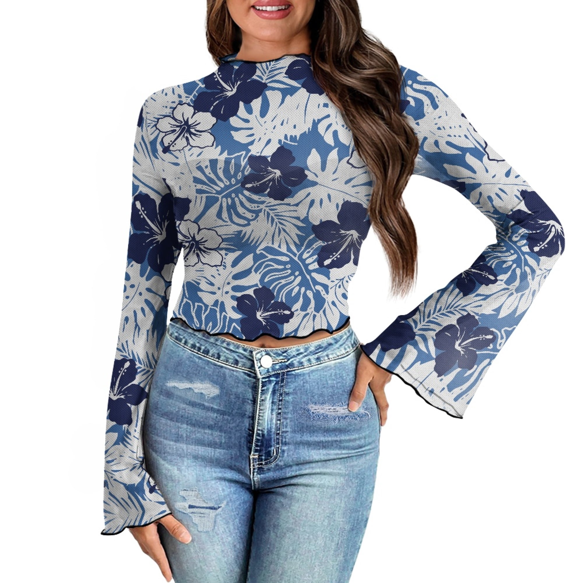 SCRAWLGOD Hibiscus Flower Bell Sleeve Tops for Women Size L 70s Sheer ...
