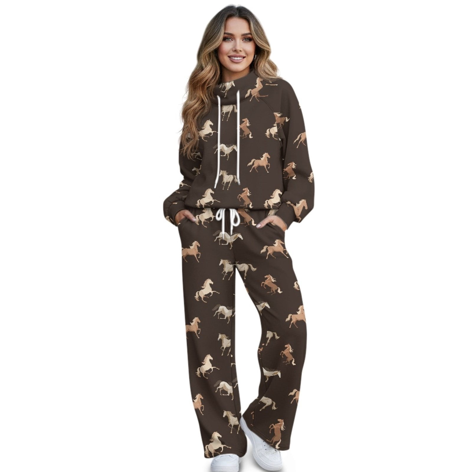 SCRAWLGOD Horse Print Black Women 2 Piece Outfits Turtleneck Pullover ...