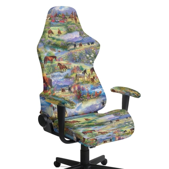 SCRAWLGOD Horse Print Gaming Chair Cover with Armrest Covers ...