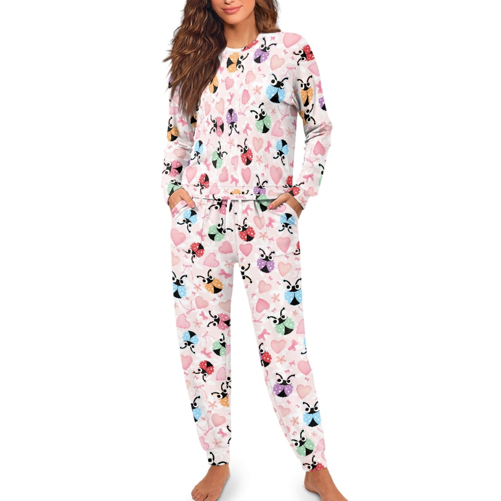 SCRAWLGOD Ladybug Heart Bow Pink 2 PCS Pajamas for Women Long Sleeve ...