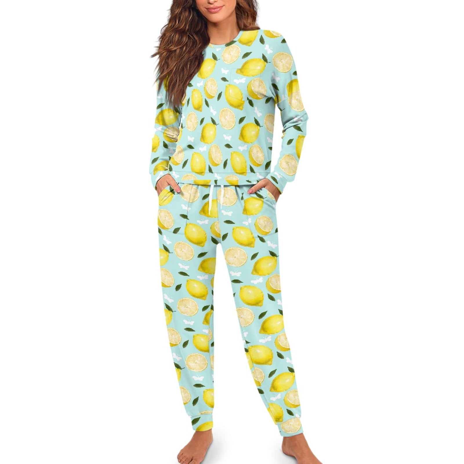 SCRAWLGOD Lemon Butterfly Leaf Blue Women's 2 Pieces Pajama Set Soft ...