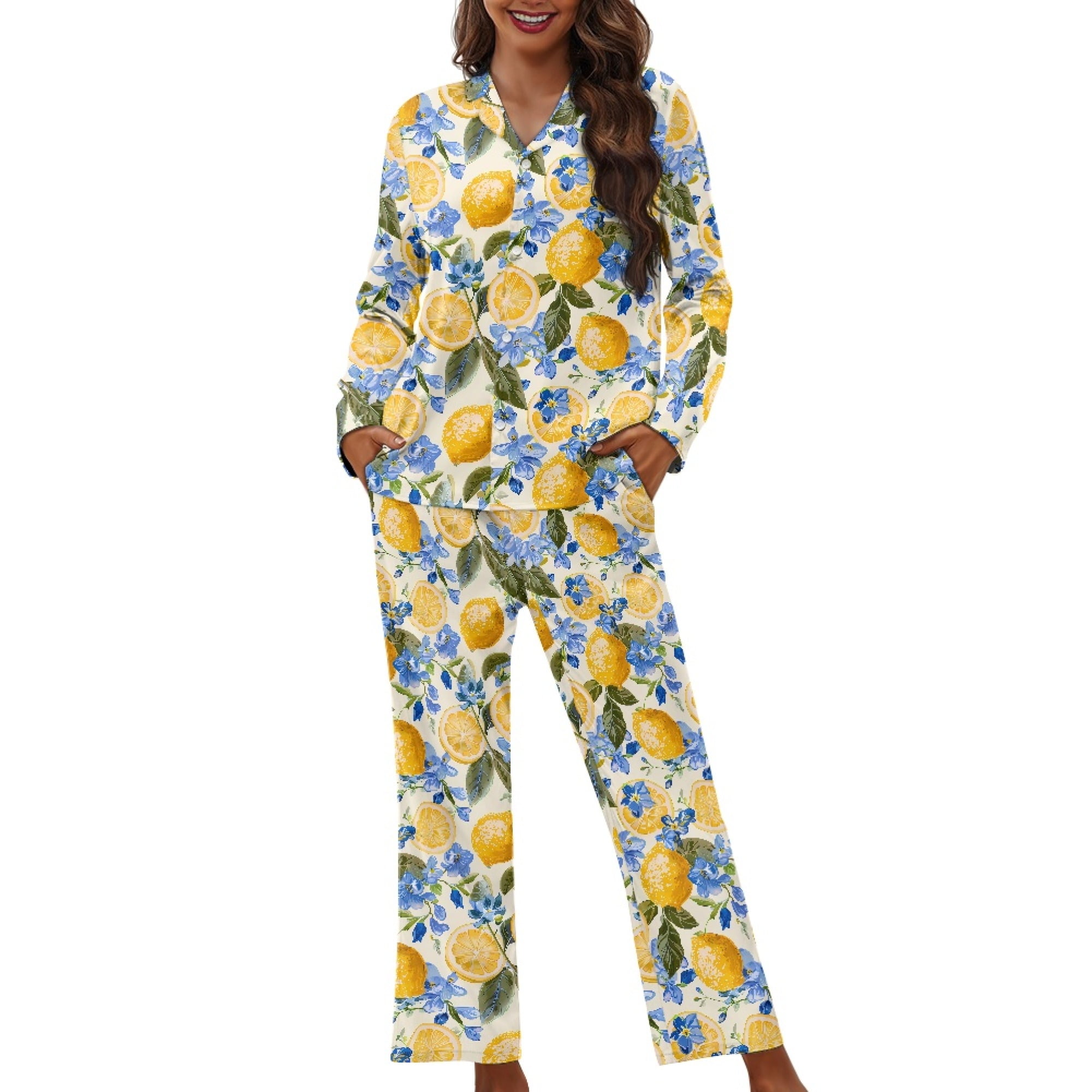 SCRAWLGOD Lemon Long Sleeve Button Up Pajama Set for Women Two Piece ...
