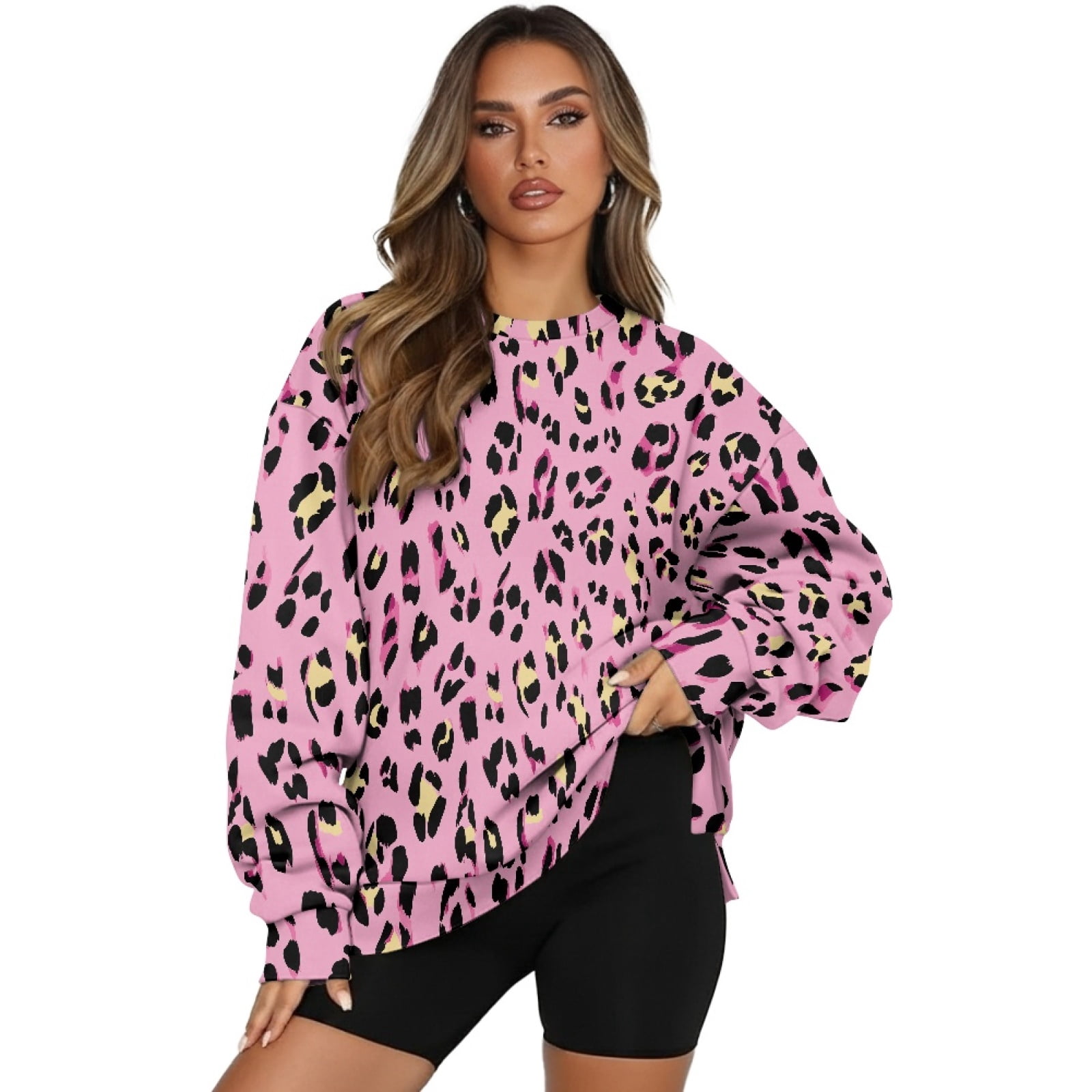 SCRAWLGOD Leopard Print Beige Pink Women Pullover Long Sleeve Crew Neck ...